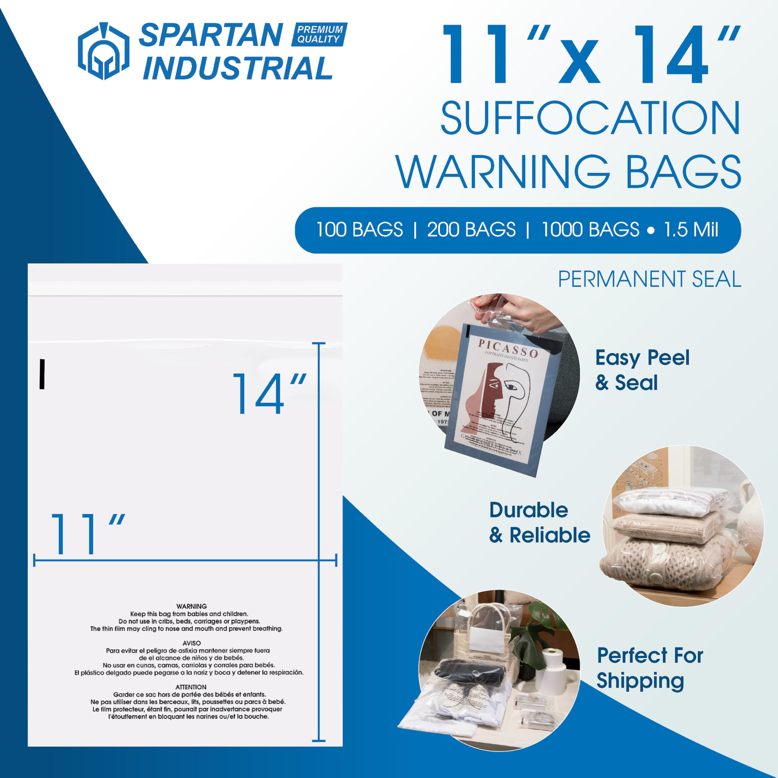 Spartan Industrial - 11” X 14” (200 Count) Self Seal Clear Poly Bags with Suffocation Warning for Packaging, T Shirts & FBA - Permanent Adhesive