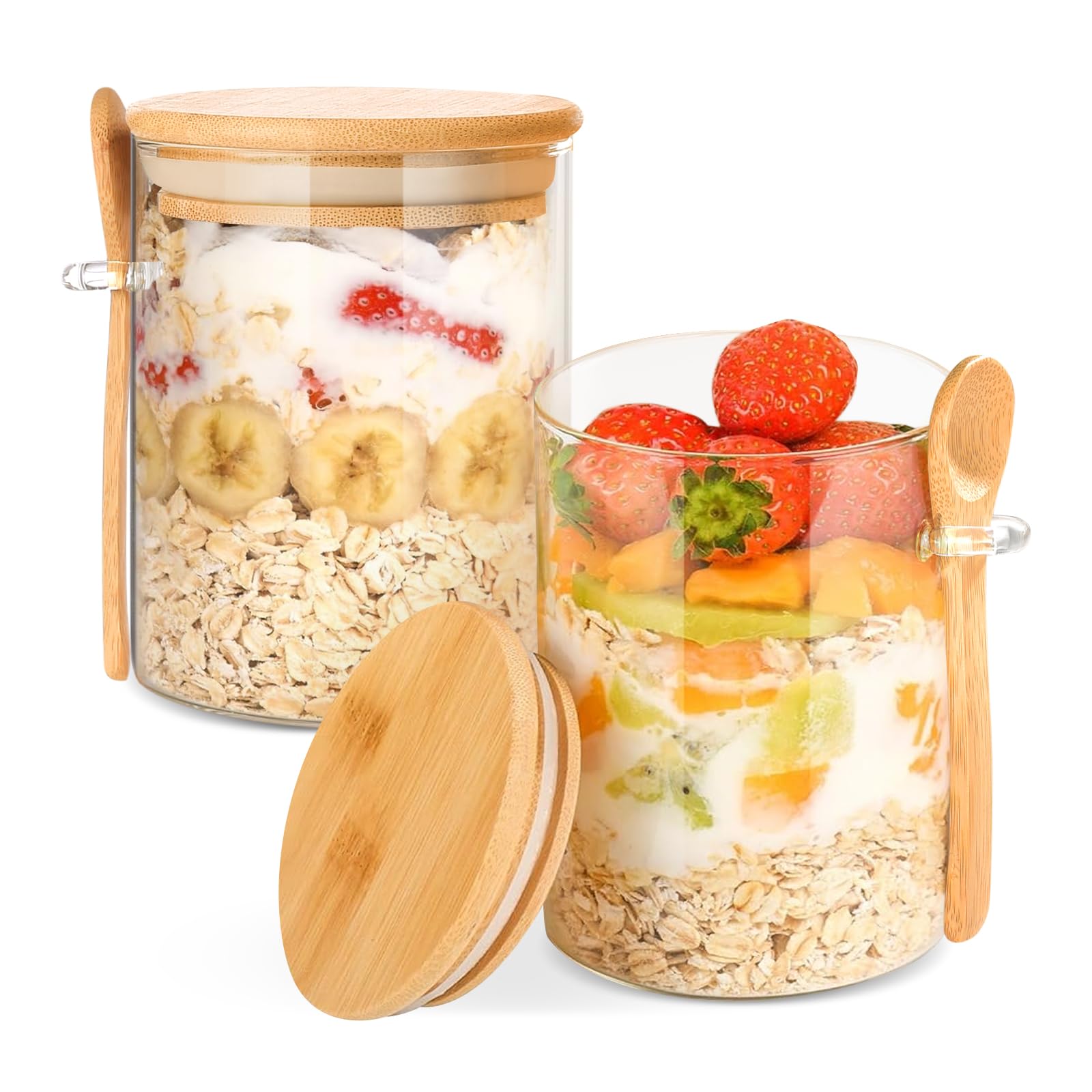2 Pack 25oz Large Overnight Oats Containers with Lids, Overnight Oats Jars with Spoons, Glass Jars with bamboo Lids,salad jars with lids meal prep for Chia Seed Pudding Yogurt Cereal Coffee Flour