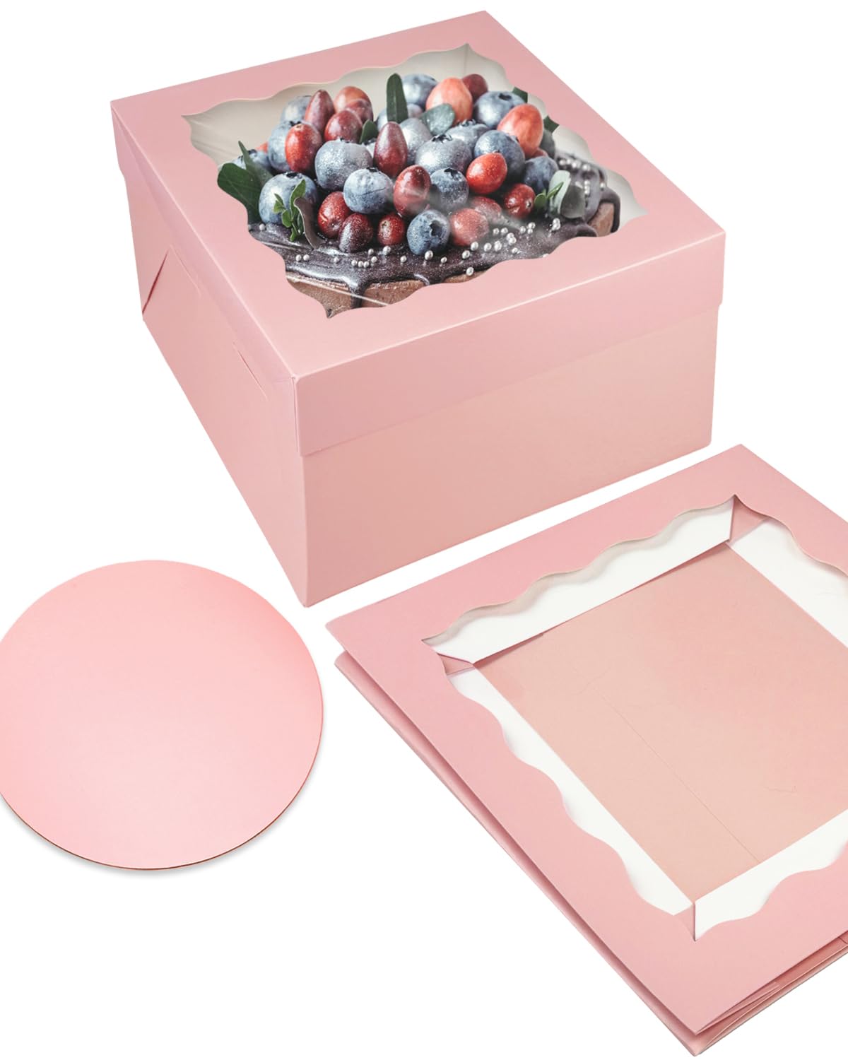 Bakepacker 36pcs 12x12x8 Inches Cake Boxes with Window 18-Packs Pink Cake Boxes 12 Inch Bakery Boxes (18 Cake Boxes +18 Cake Boards Included)