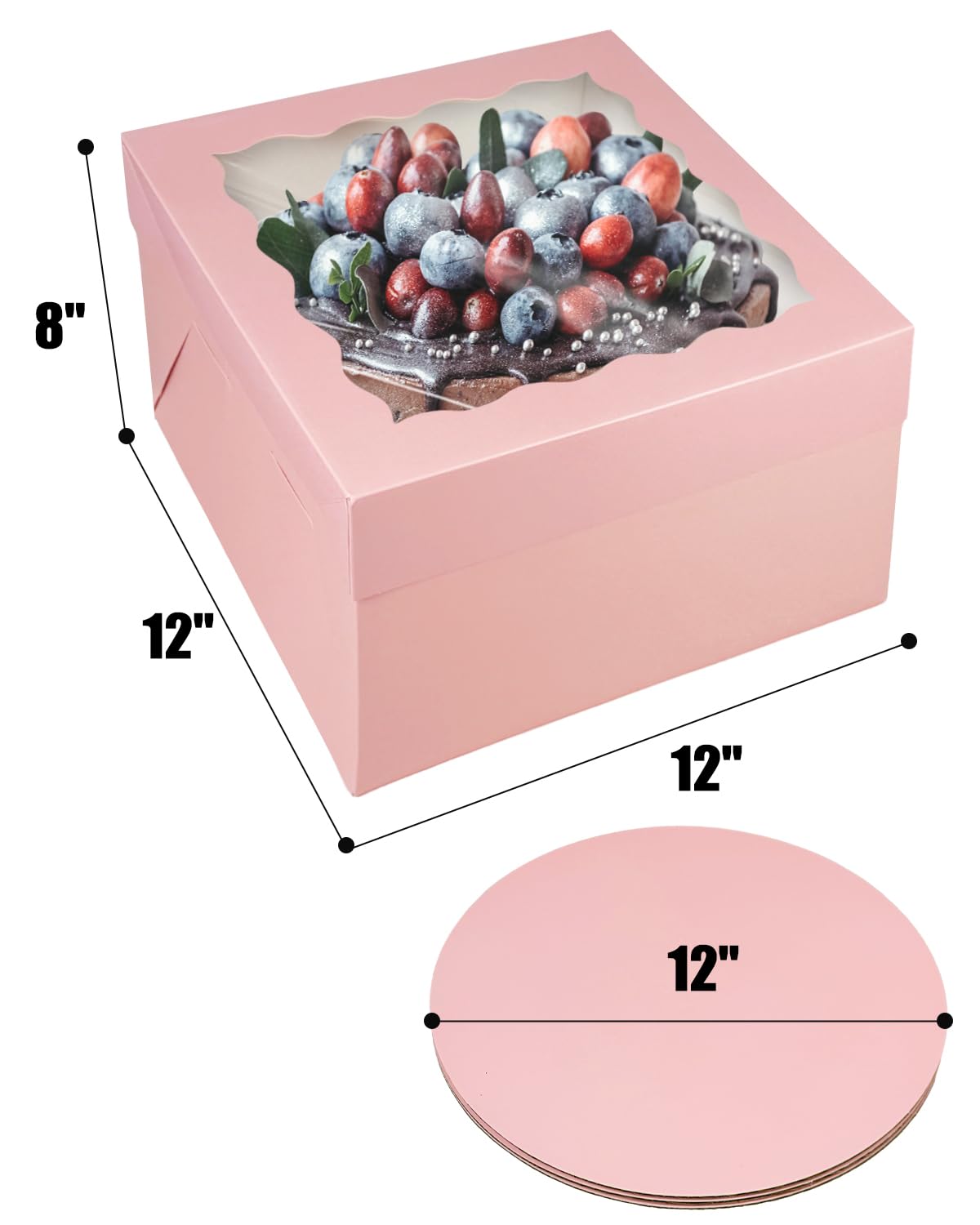 Bakepacker 36pcs 12x12x8 Inches Cake Boxes with Window 18-Packs Pink Cake Boxes 12 Inch Bakery Boxes (18 Cake Boxes +18 Cake Boards Included)