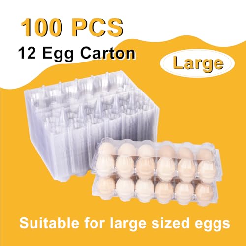 Gorander Clear Plastic Egg Carton for 12 Eggs,100 Packs Egg Tray Reusable Large Size Egg Cartons with Labels Perfect for Refrigerator Chicken Farm Markets(Large size)