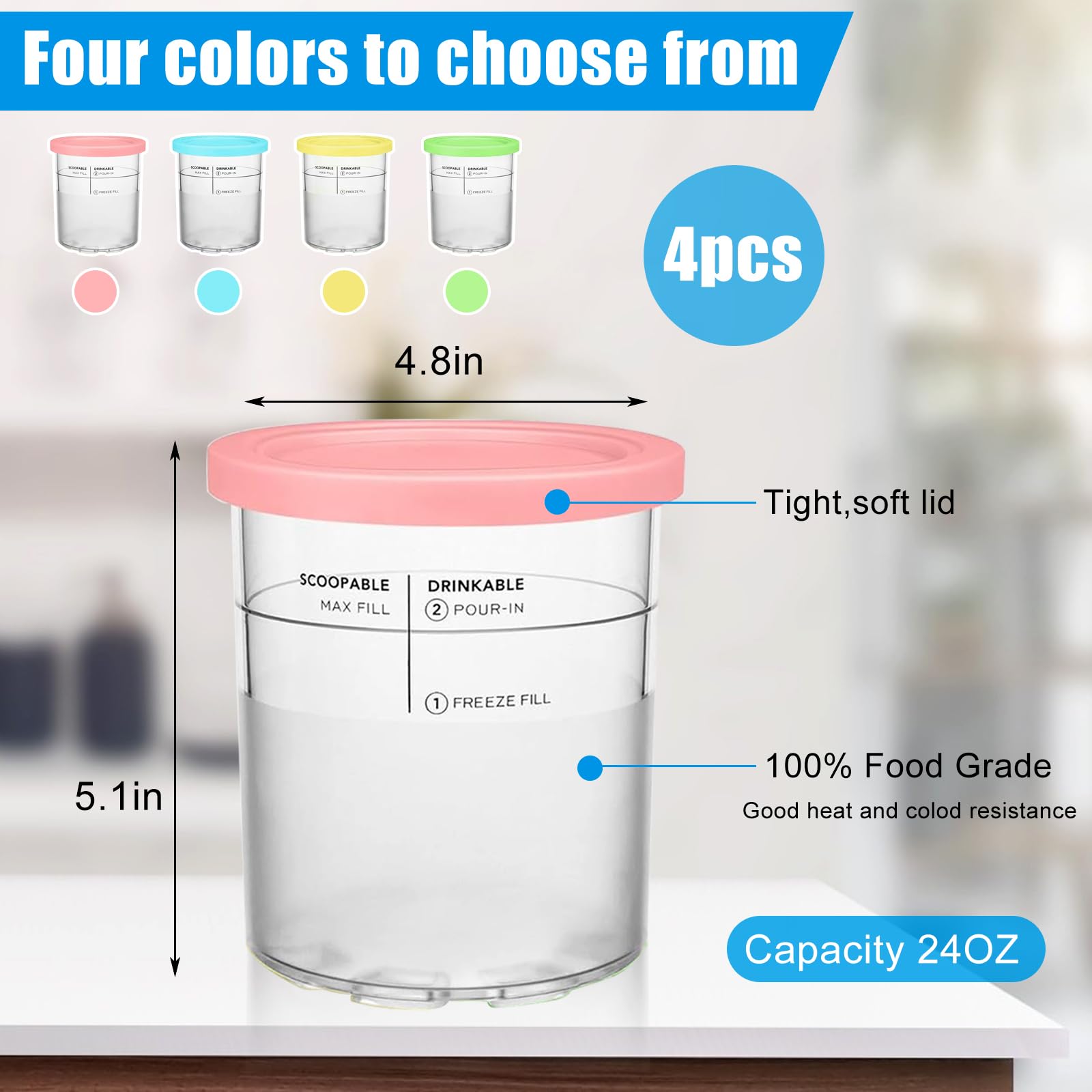 Pint Containers for Ninja Creami Deluxe Pints and Lids,Ice Creami Pints for Ninja Creamy NC500 NC501 Creami Deluxe Pints 4 Pack 24 oz Ice cream Containers Set