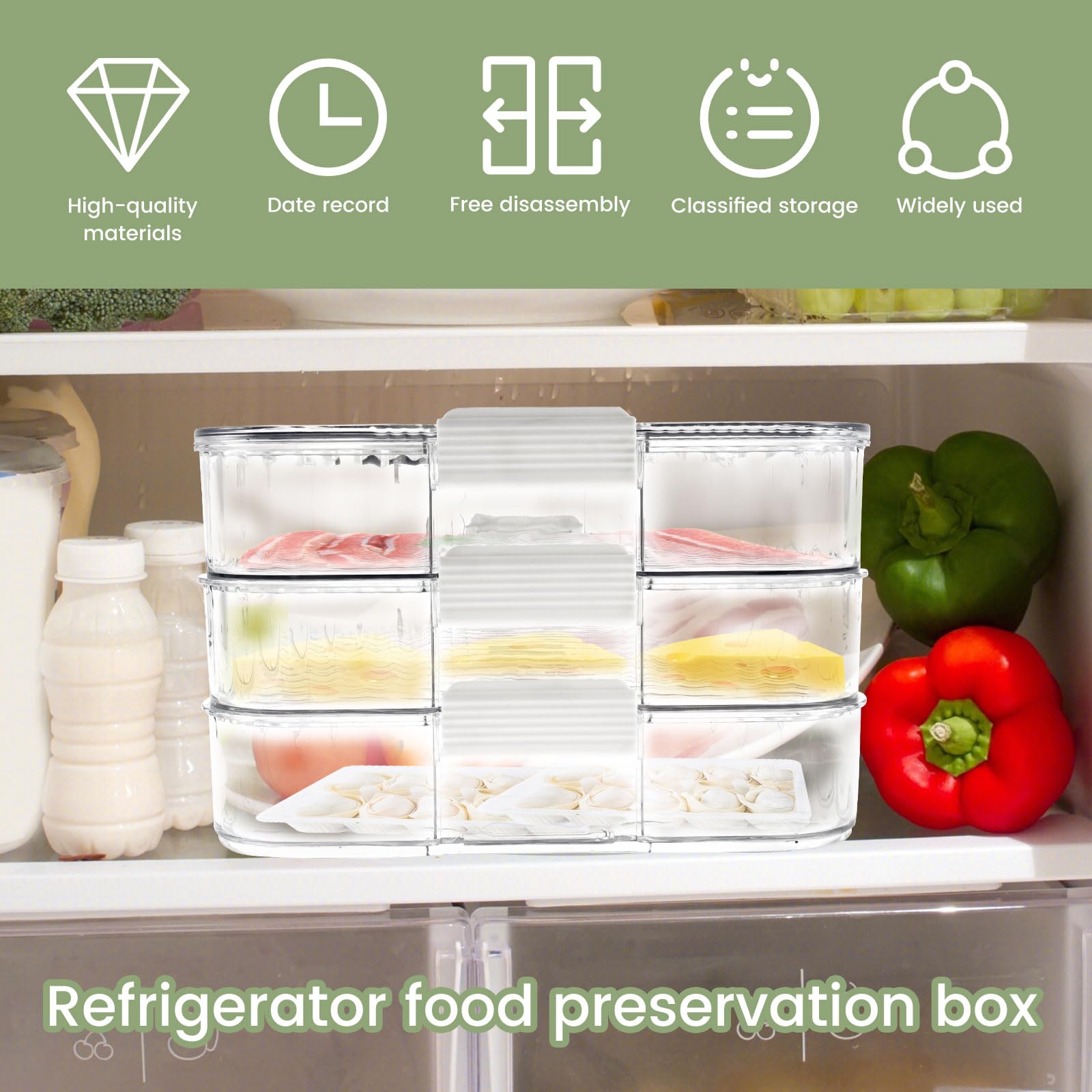 Tzdxfgl Deli Meat Container for Fridge, 3 Layer Bacon Meat Container for Refrigerator with Date Recording Function, Food Grade Food Organizing Box, Removable Bacon Keeper Fridge for Home