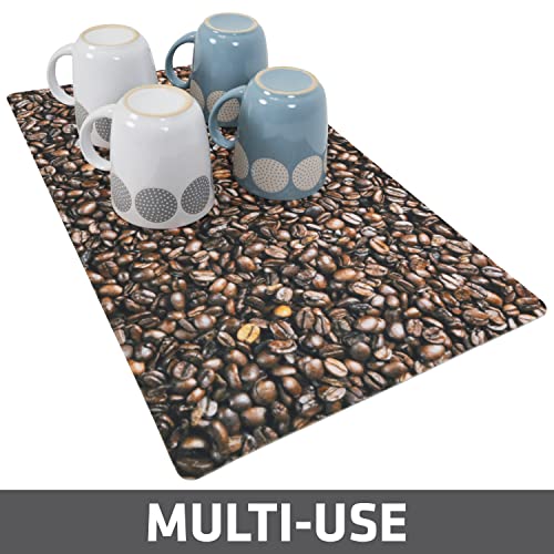 Drymate Coffee Maker Mat, (Coffee Station Bar Accessory) Protects Kitchen Countertops From Spills, Stains & Scratches - Absorbent/Waterproof/Machine Washable (USA Made) (12β x 20β) (Coffee Beans)