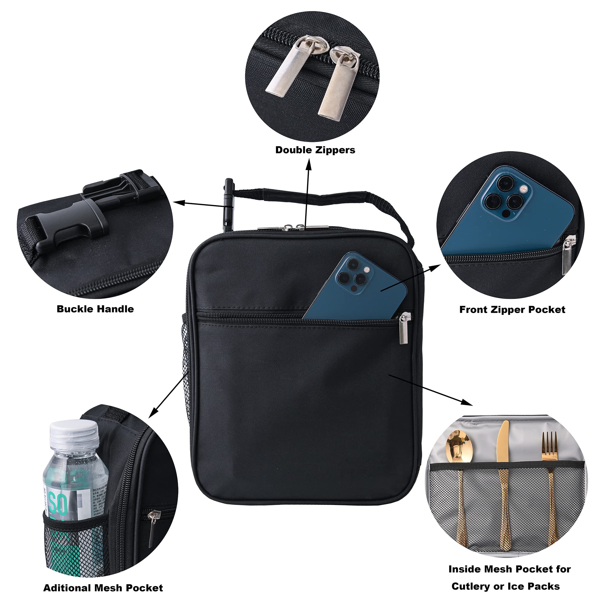 Lunch Bag For Women & Men, Reusable Insulated Cooler Lunch Bag,Durable Spacious And Easy To Clean Lunch Bag,Leakproof Portable Lunch Box With Pocket And Clip On Handle,For Office Work School (Black)