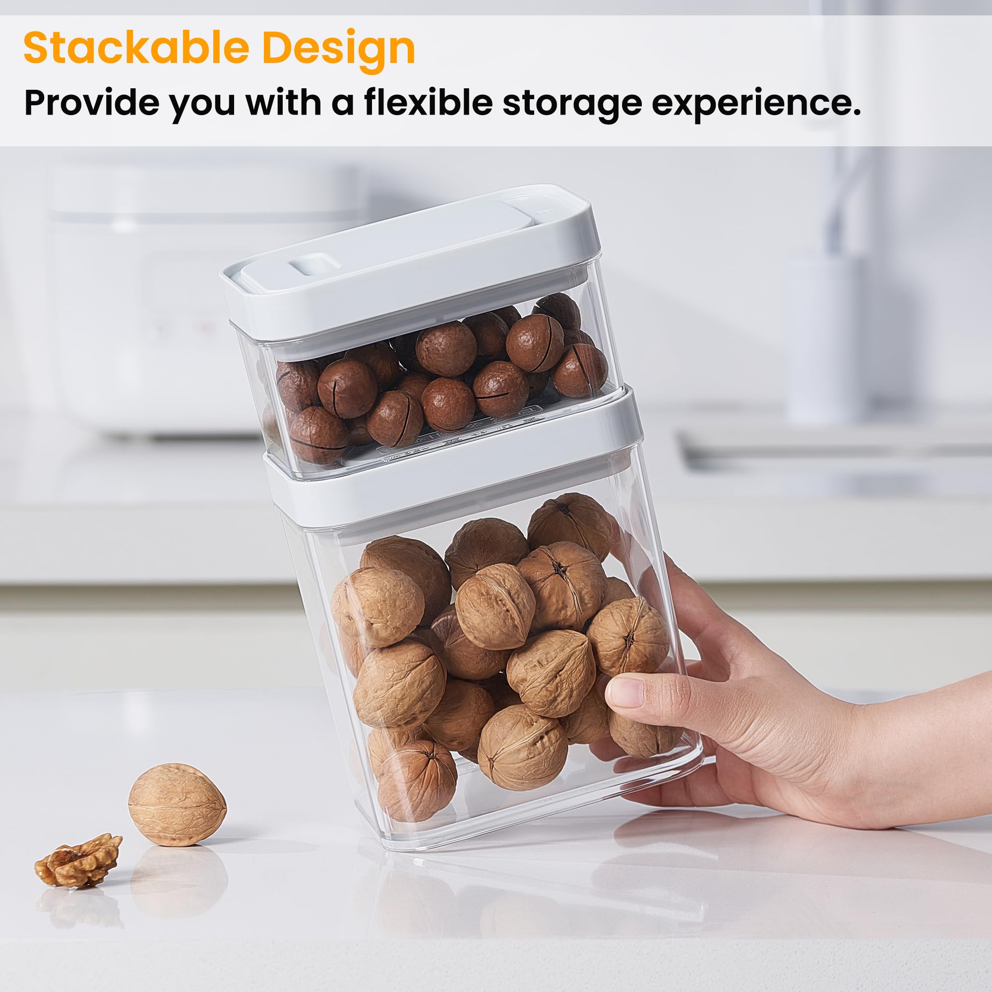 vacane Pump-Lock Airtight Food Storage with Detachable Lids, 0.38/0.99/1.63Qt Plastic Cereal Containers, Stackable Kitchen Storage Containers Set for Flour Snack Sugar Coffee, Dishwasher Safe