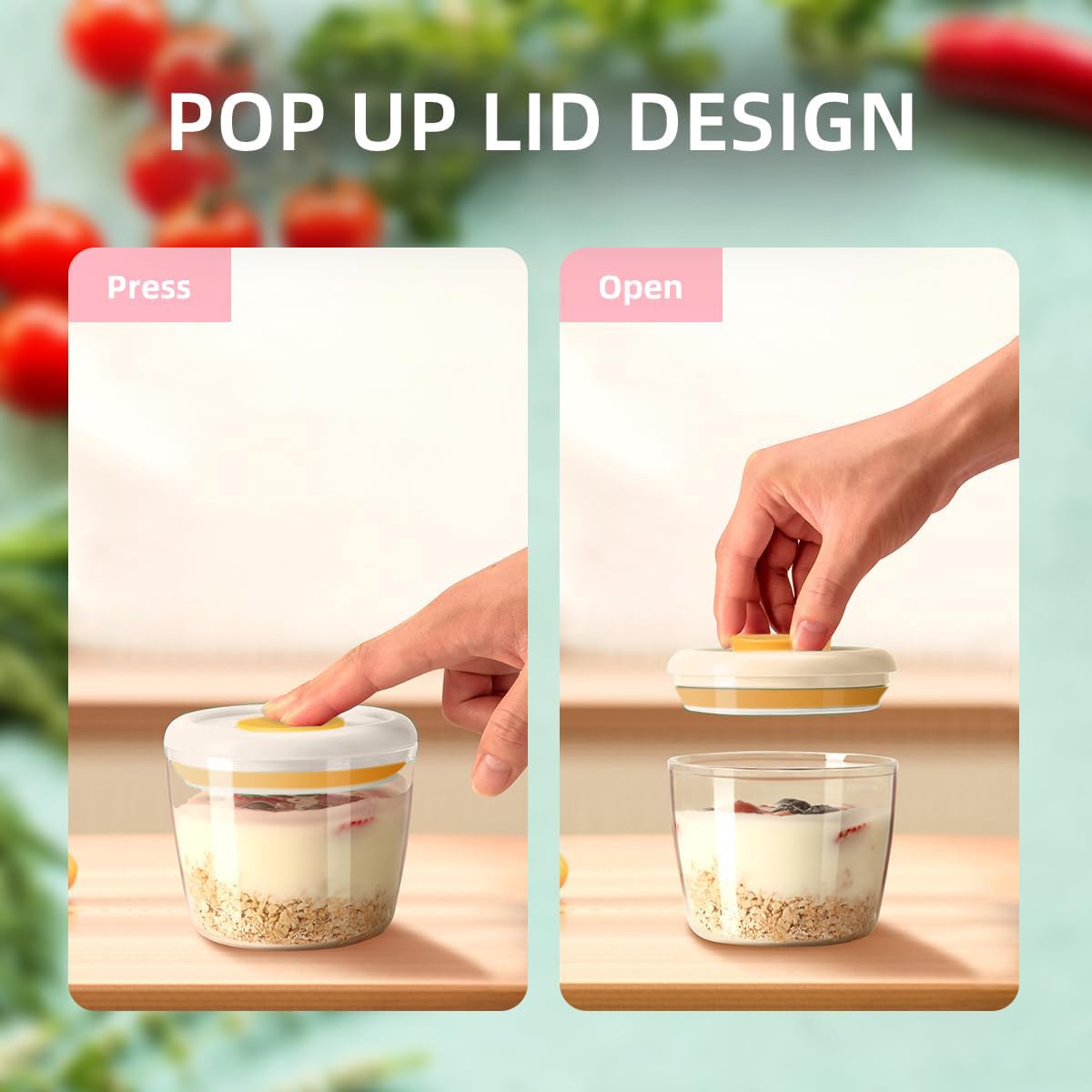 Glass Meal Prep Containers Overnight Oats Containers with Pop Lids,Airtight Food Storage Containers Reusable, Glass Bowl Wide Mouth Jars for Cereal Fruit Milk Salad Yogurt 4-Piece set 14oz 400ml