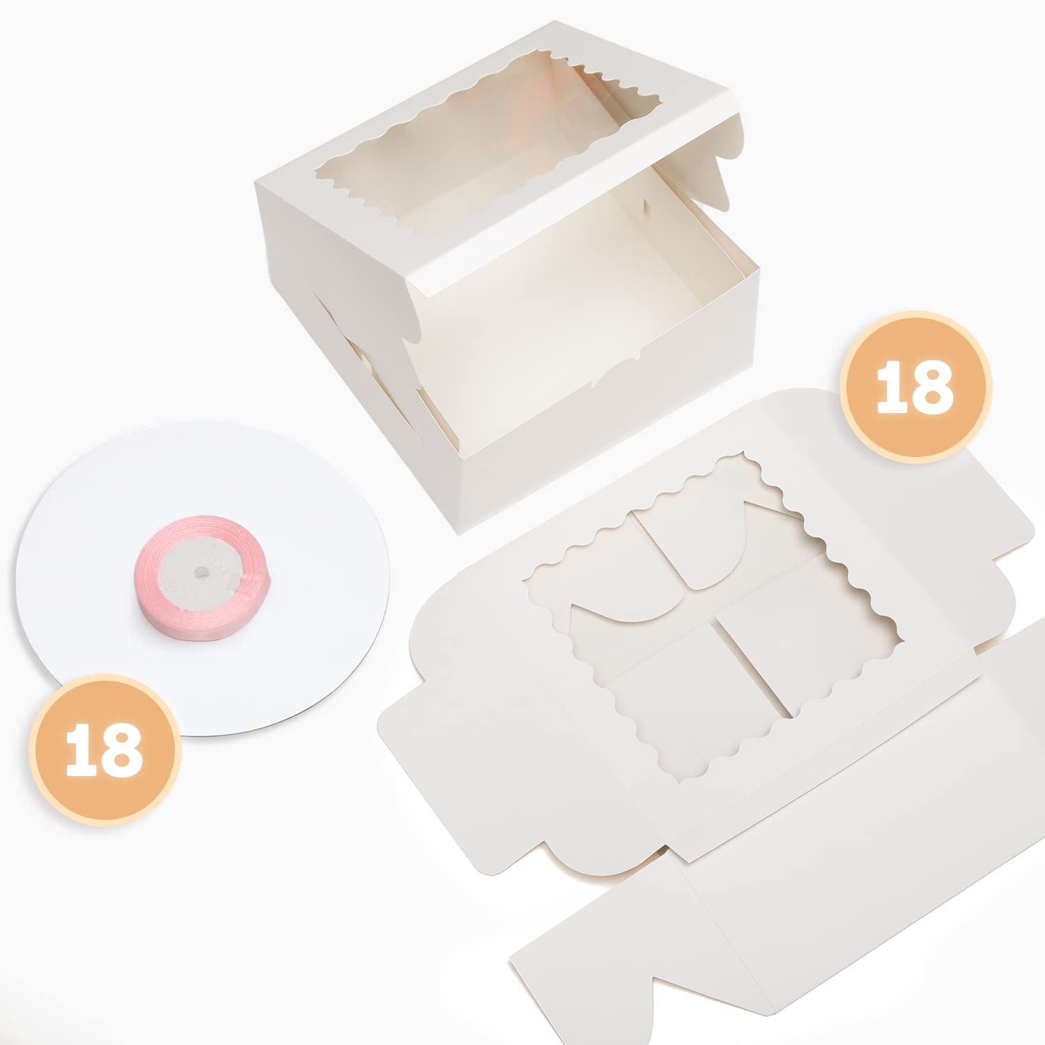 Bakepacker 36pcs 6x6x5 Inches Cake Boxes with Window 18-Packs White Cake Boxes 6 Inch Bakery Boxes (18 Cake Boxes +18 Cake Boards)