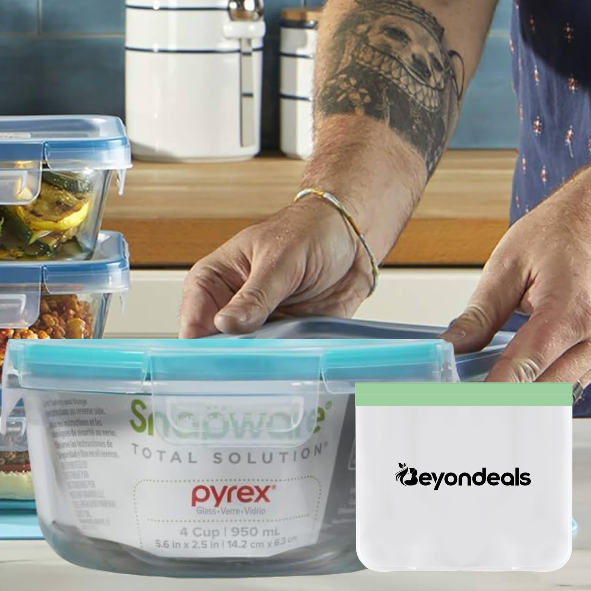 beyondeals 4-Cup Total Solution Glass Food Storage Container, 1.3 Pounds, Bundled Reusable Food Storage Bag Durable BPA-Free, Airtight Lid Round Container, Stackable [Pack of 2]
