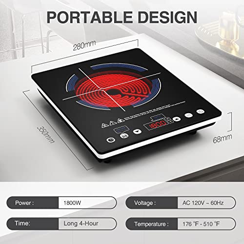 ANHANE 1800W Electric Hot Plate Single Burner,Portable Electric Stove for Cooking,Infrared Burner,4-Hour Setting,Black Crystal Glass Surface Compatible for All Cookware