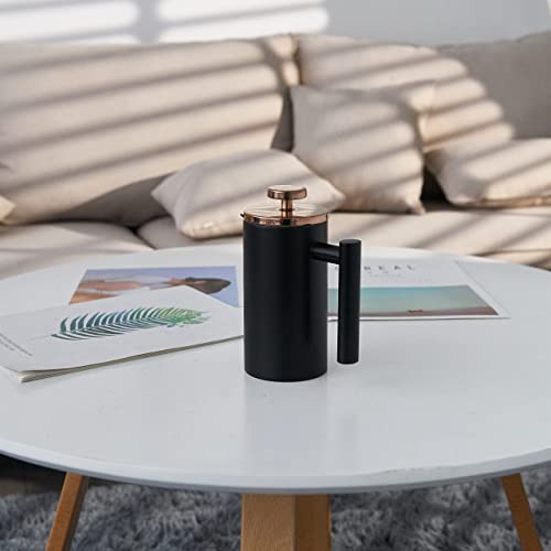 Meelio Black French Press Coffee Maker 12oz, Stainless Steel Double Wall Insulated Coffee Press with Rose Gold Metal Lid, Included 2 Extra Screens and 1 Coffee Spoon, 350ml