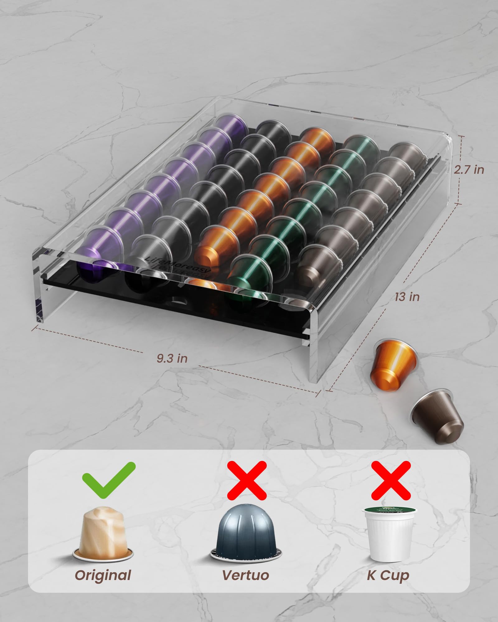 Storage Drawer for Nespresso OriginalLine Coffee Pod Holder for Counter Acrylic Coffee Capsule Organizer - 40 Pods