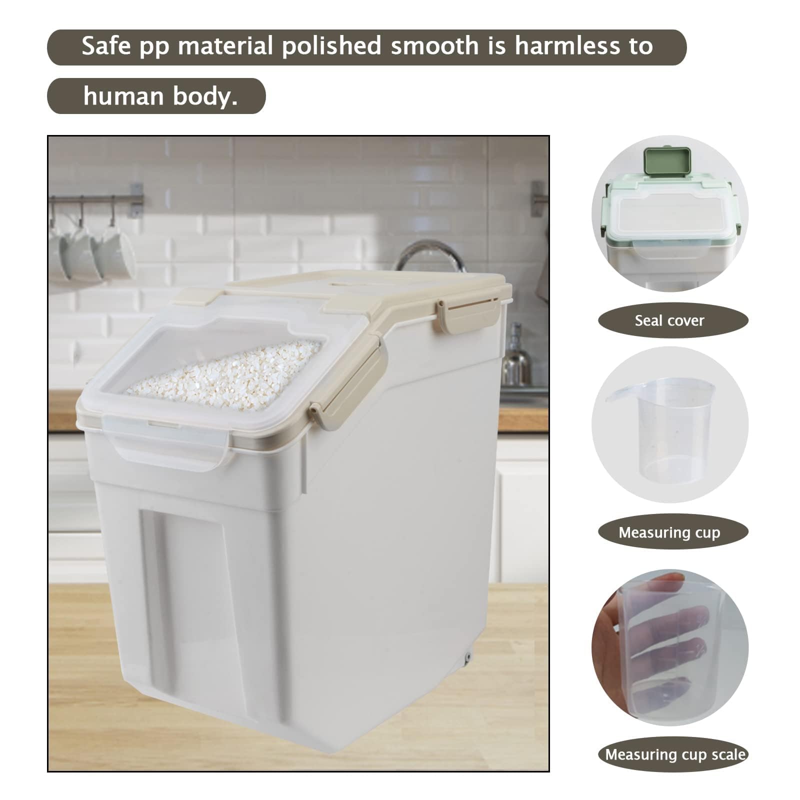 50 lb Airtight Flour Storage Container, 2 Pack Large Rice Storage Container Bin with Wheels, Flip Top Lip, Measuring Cup, Scoop, Plastic Rice Dispenser, for Grain Sugar Beans Cereal Dog Food (Gray)