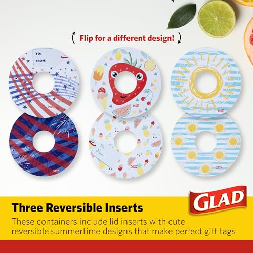 Glad Food Storage Containers, GladWare Summer Edition with Reversible Lid Inserts β 3 Ct Large Round Containers & Lids, 48oz Microwave-Safe, Freezer-Safe, Dishwasher Safe