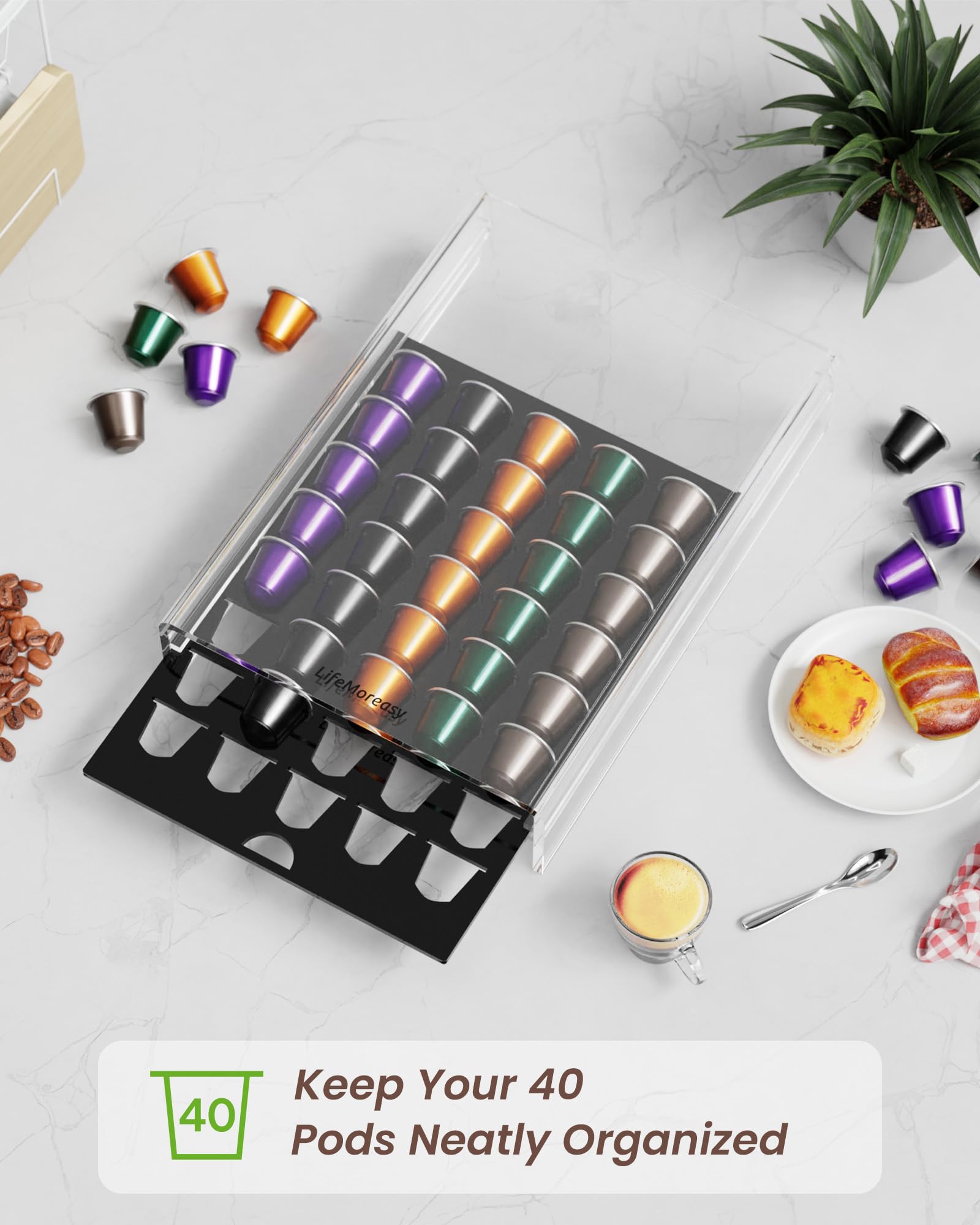 Storage Drawer for Nespresso OriginalLine Coffee Pod Holder for Counter Acrylic Coffee Capsule Organizer - 40 Pods