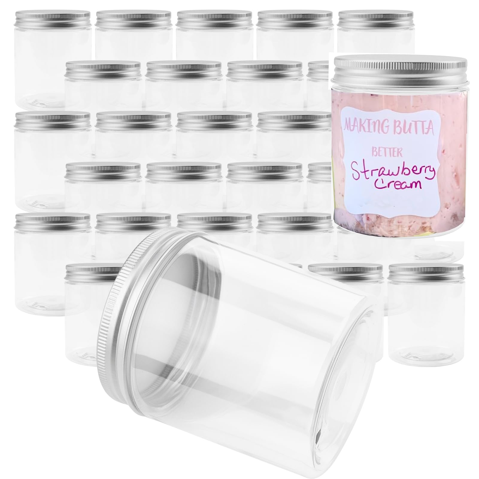 ZEONHEI 30 Pack 8 Oz Plastic Jars with Aluminum Lid, Wide Mouth Clear Empty Plastic Containers for Food Storage Cream Jam Samples