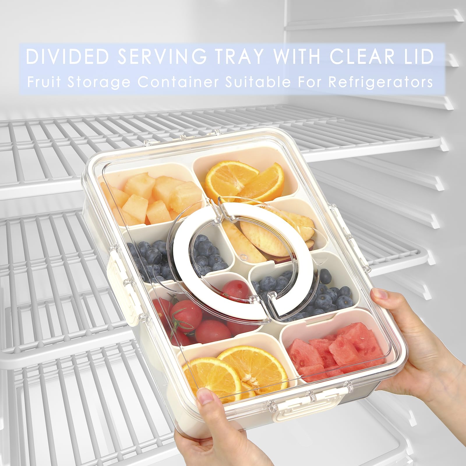RBNN Divided Serving Tray with Lid and Handle-Snackle Box Charcuterie Container for Portable Snack Platters, 8 compartment snack container, Fruit Veggie Charcuterie Box Snack Tray for Travel Party