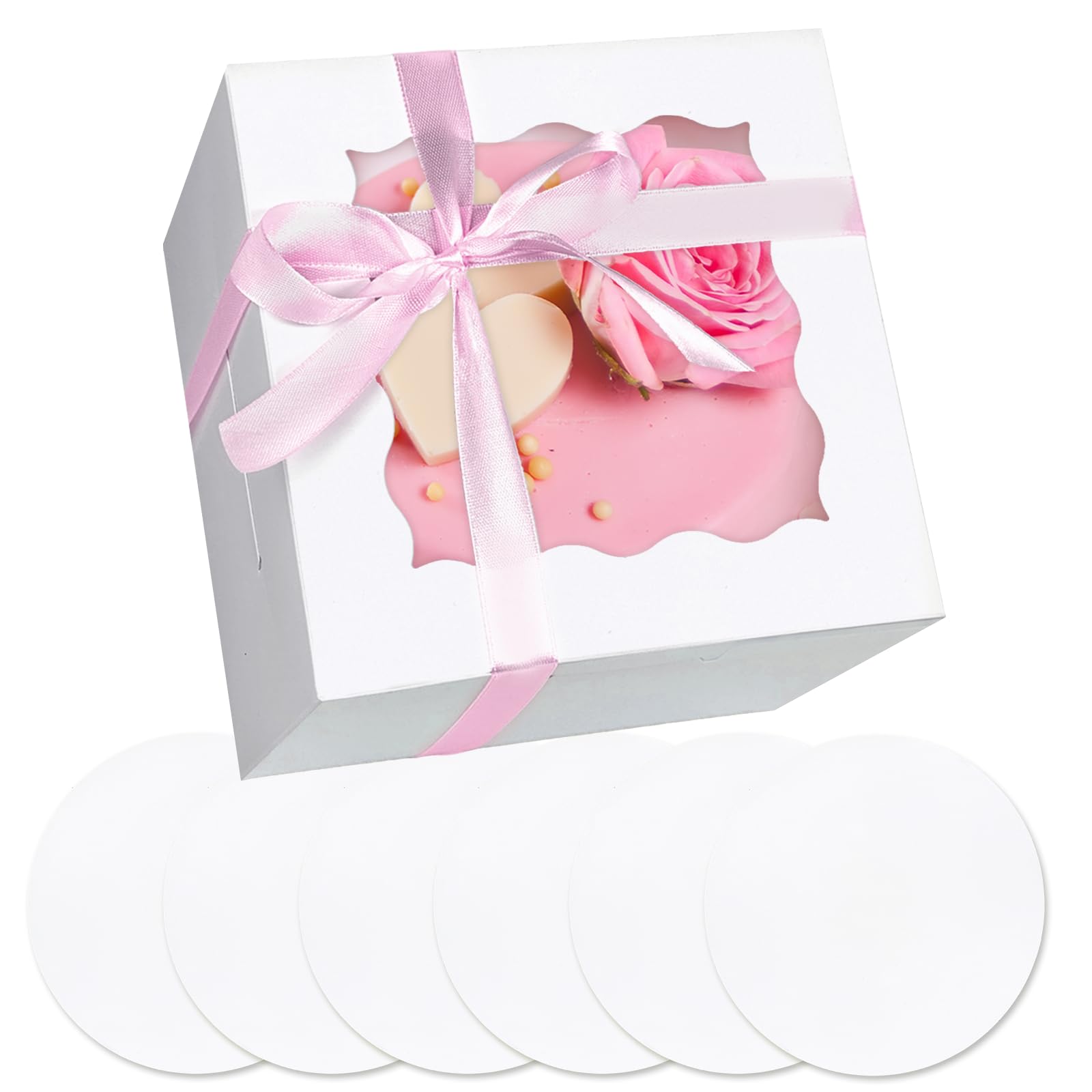 Bakepacker 36pcs 6x6x5 Inches Cake Boxes with Window 18-Packs White Cake Boxes 6 Inch Bakery Boxes (18 Cake Boxes +18 Cake Boards)