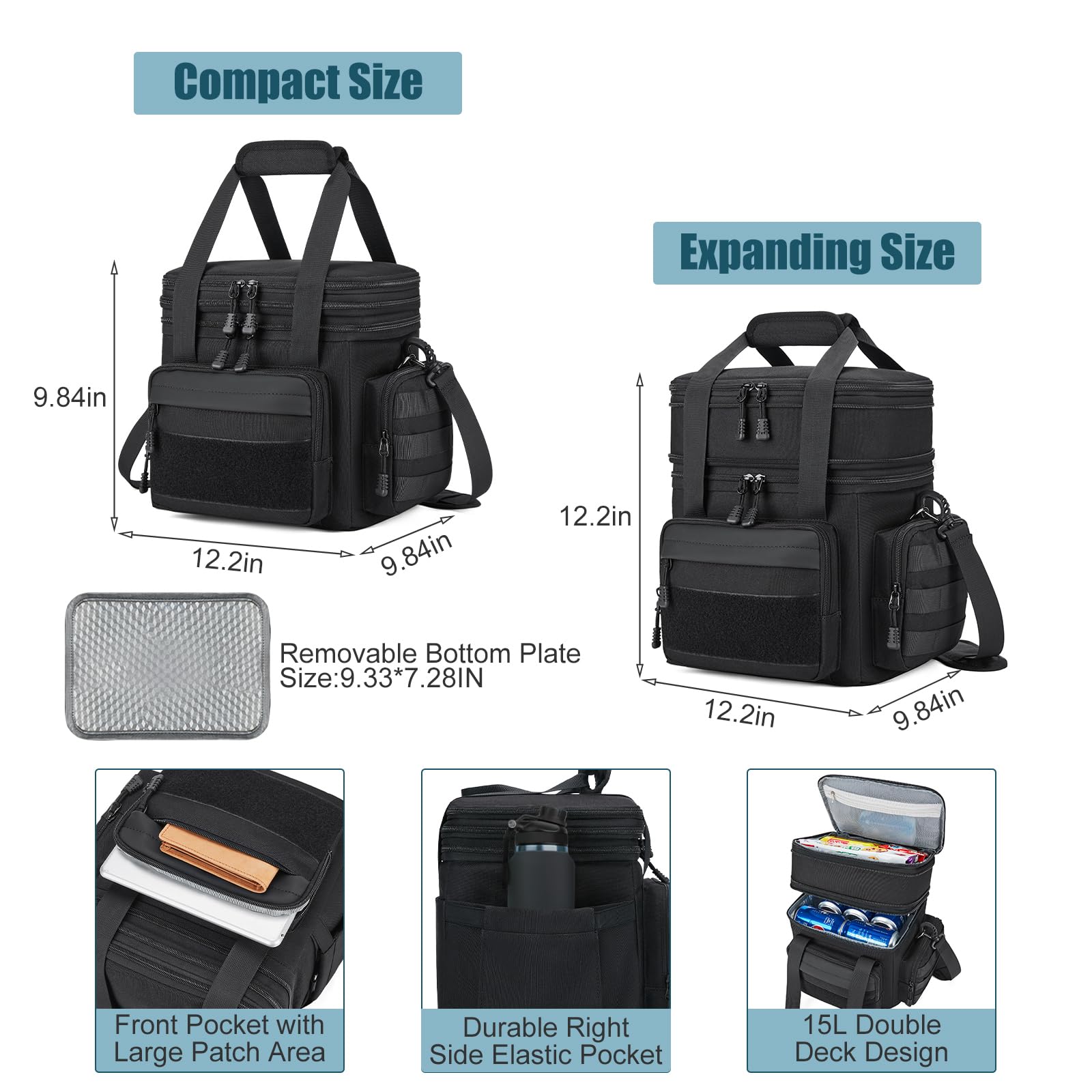 nylobist Insulated Lunch Box for Men: Reusable Tactical Lunch Bag for Work Office Picnic Outdoor - Large Portable Cooler Tote Bag Organizer for Adults - Black
