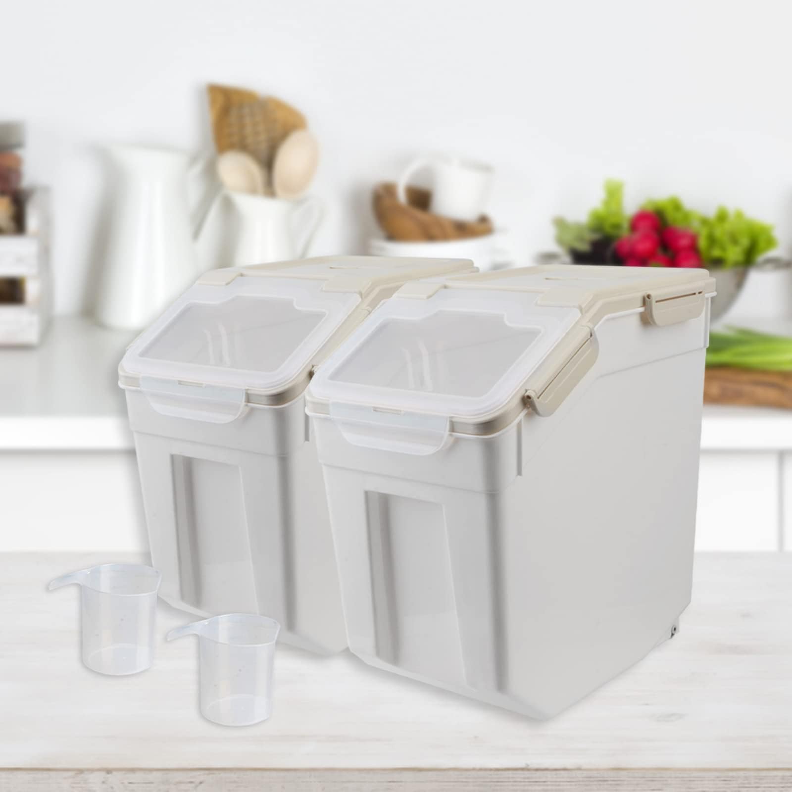 50 lb Airtight Flour Storage Container, 2 Pack Large Rice Storage Container Bin with Wheels, Flip Top Lip, Measuring Cup, Scoop, Plastic Rice Dispenser, for Grain Sugar Beans Cereal Dog Food (Gray)