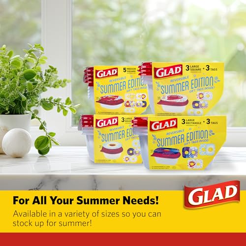 Glad Food Storage Containers, GladWare Summer Edition with Reversible Lid Inserts β 3 Ct Large Round Containers & Lids, 48oz Microwave-Safe, Freezer-Safe, Dishwasher Safe