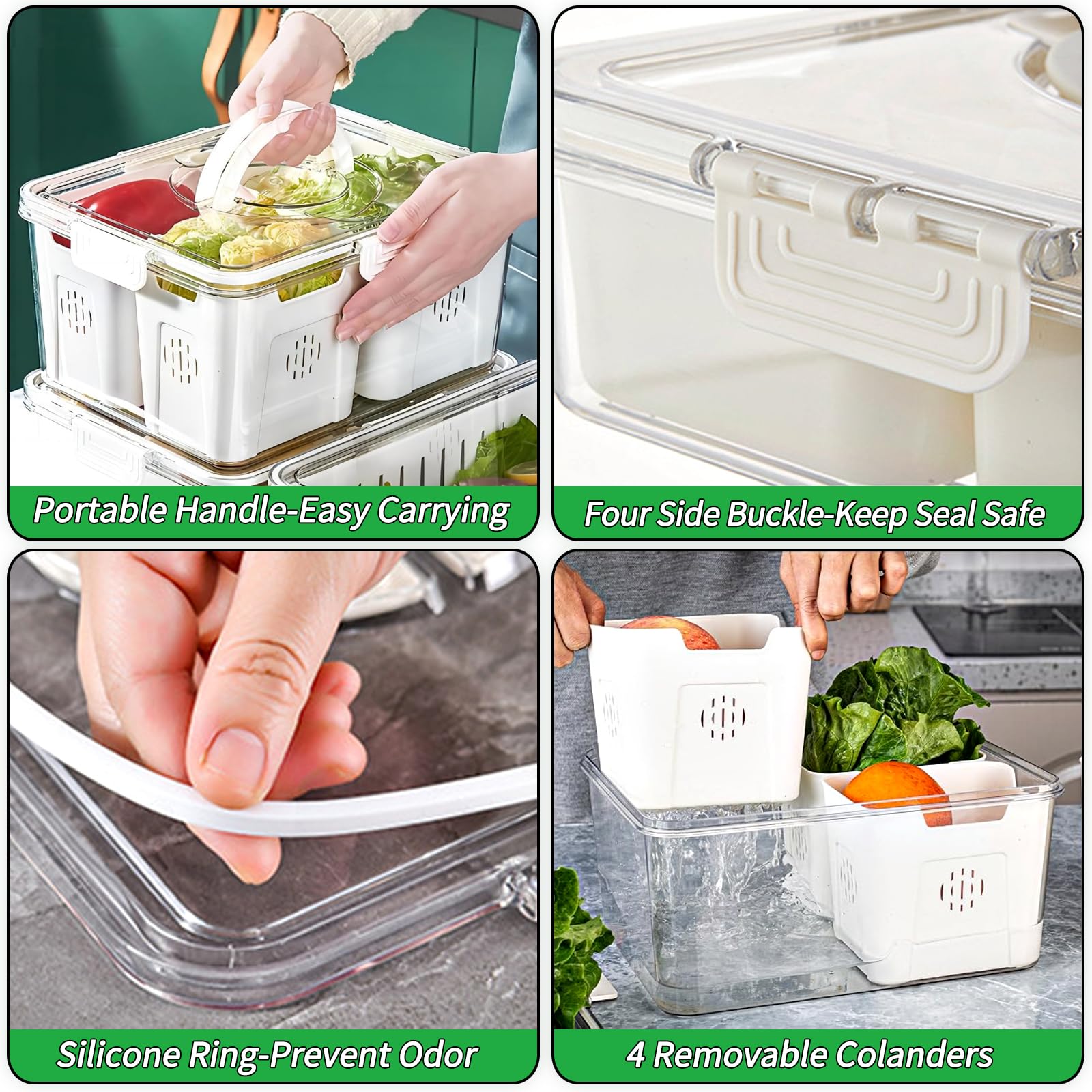 Tyyfnn Fruit Storage Containers with Lids and Handle, Portable Food Storage Container with 4 Removable Colanders for Berry Vegetable Fruit Fresh Produce, Refrigerator Organizer Bins