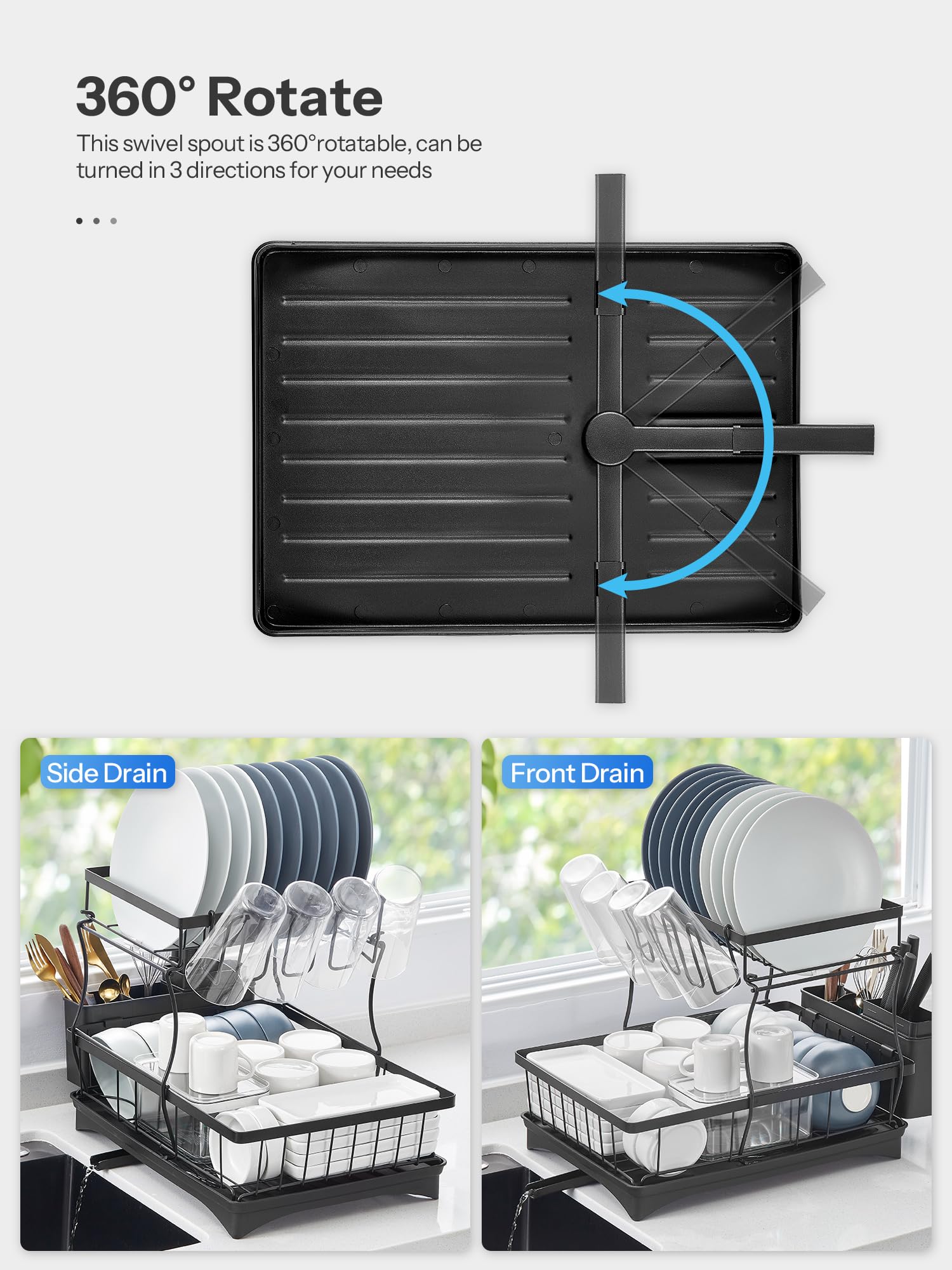 Reemix Dish Drying Rack, 2 Tier Dish Drainer with Removable Utensil Holder and Swivel, Durable High Carbon Steel Material, Larger Capacity, Easy Installation, Black