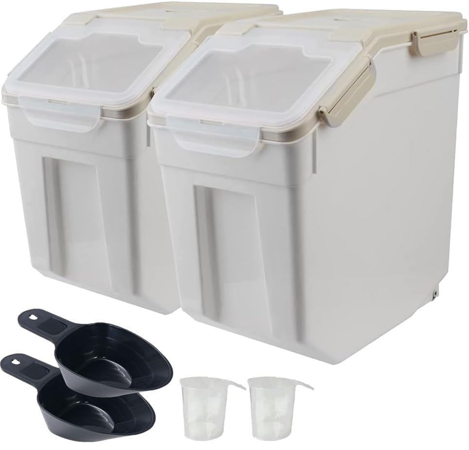 50 lb Airtight Flour Storage Container, 2 Pack Large Rice Storage Container Bin with Wheels, Flip Top Lip, Measuring Cup, Scoop, Plastic Rice Dispenser, for Grain Sugar Beans Cereal Dog Food (Gray)
