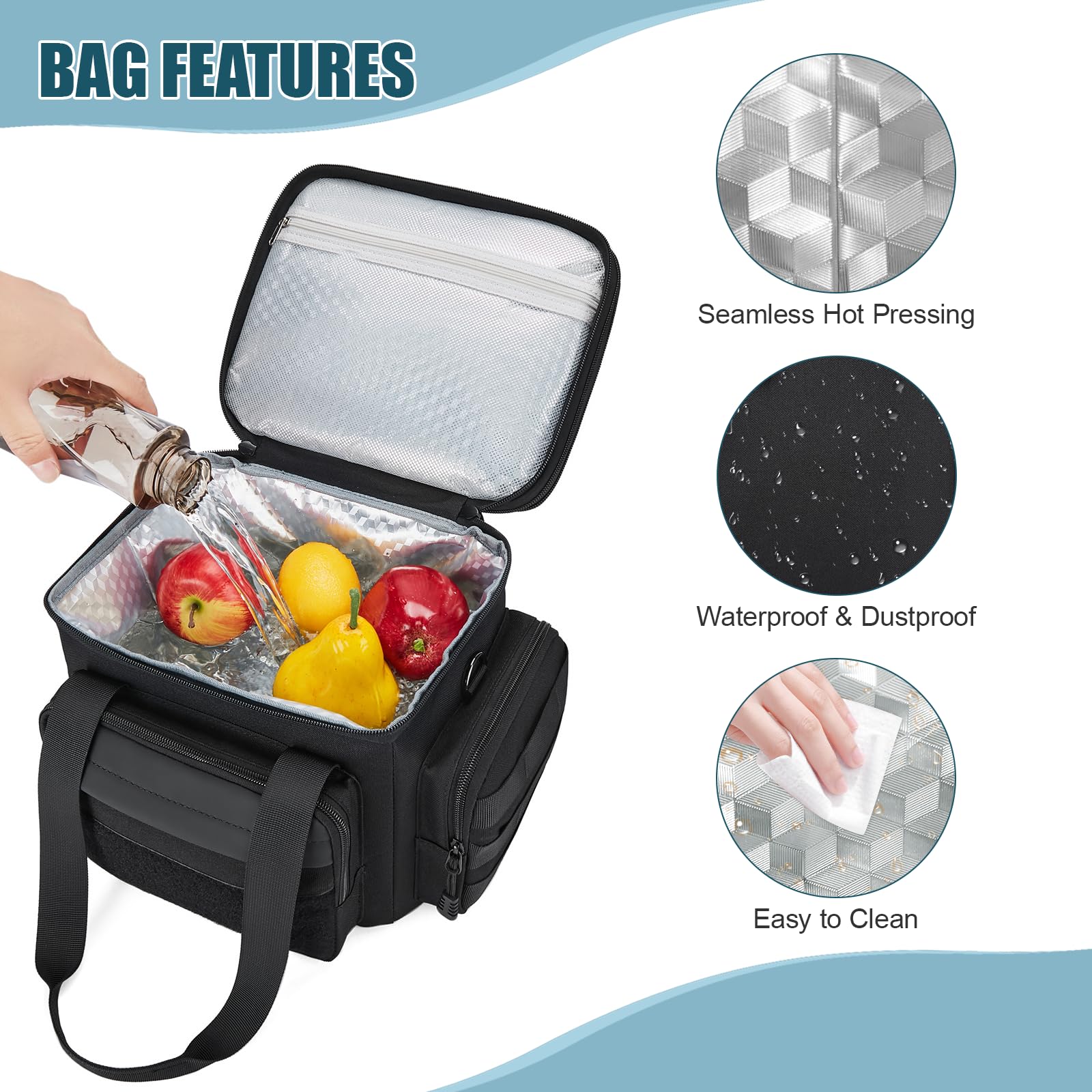 nylobist Insulated Lunch Box for Men: Reusable Tactical Lunch Bag for Work Office Picnic Outdoor - Large Portable Cooler Tote Bag Organizer for Adults - Black