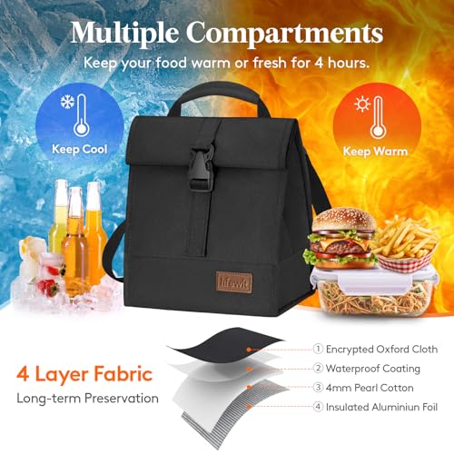 Lifewit Insulated Lunch Bag Rolltop, Reusable Lunch Box for Men Women Adults with Adjustable Shoulder Strap, Foldable Lunchbox Leakproof Cooler Bag for Office Work Picnic, 8L Black