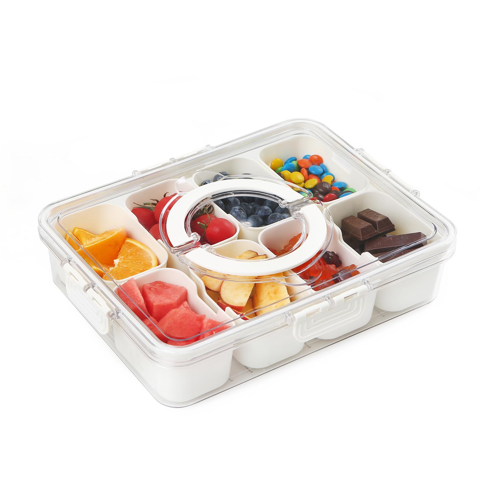 RBNN Divided Serving Tray with Lid and Handle-Snackle Box Charcuterie Container for Portable Snack Platters, 8 compartment snack container, Fruit Veggie Charcuterie Box Snack Tray for Travel Party
