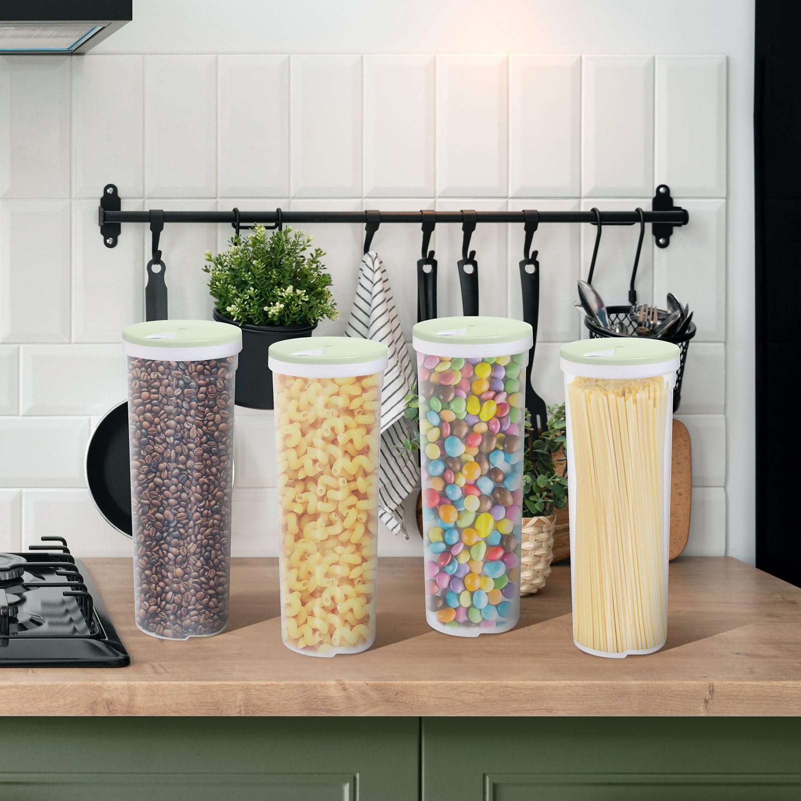 EORTA Plastic Spaghetti Container Noodle Pasta Storage Jar with Locking Lid Clear Dry Food Keeper Canister Cereal Crisper Box, Green
