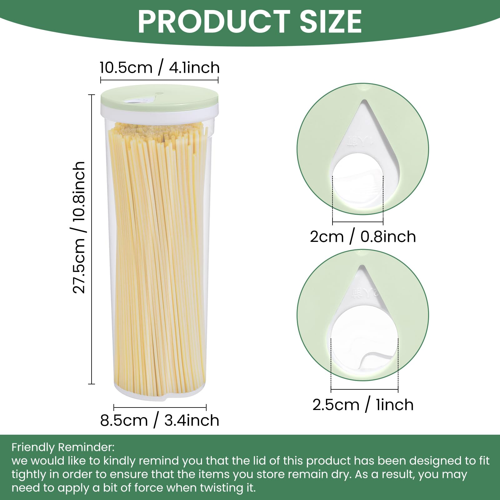 EORTA Plastic Spaghetti Container Noodle Pasta Storage Jar with Locking Lid Clear Dry Food Keeper Canister Cereal Crisper Box, Green