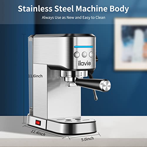 ILAVIE Espresso Coffee Machines with Steamer, 20 Bar Pump Espresso and Cappuccino latte Maker, Espresso Machine Easy to Use for Home Barista, 1350W, Stainless Steel