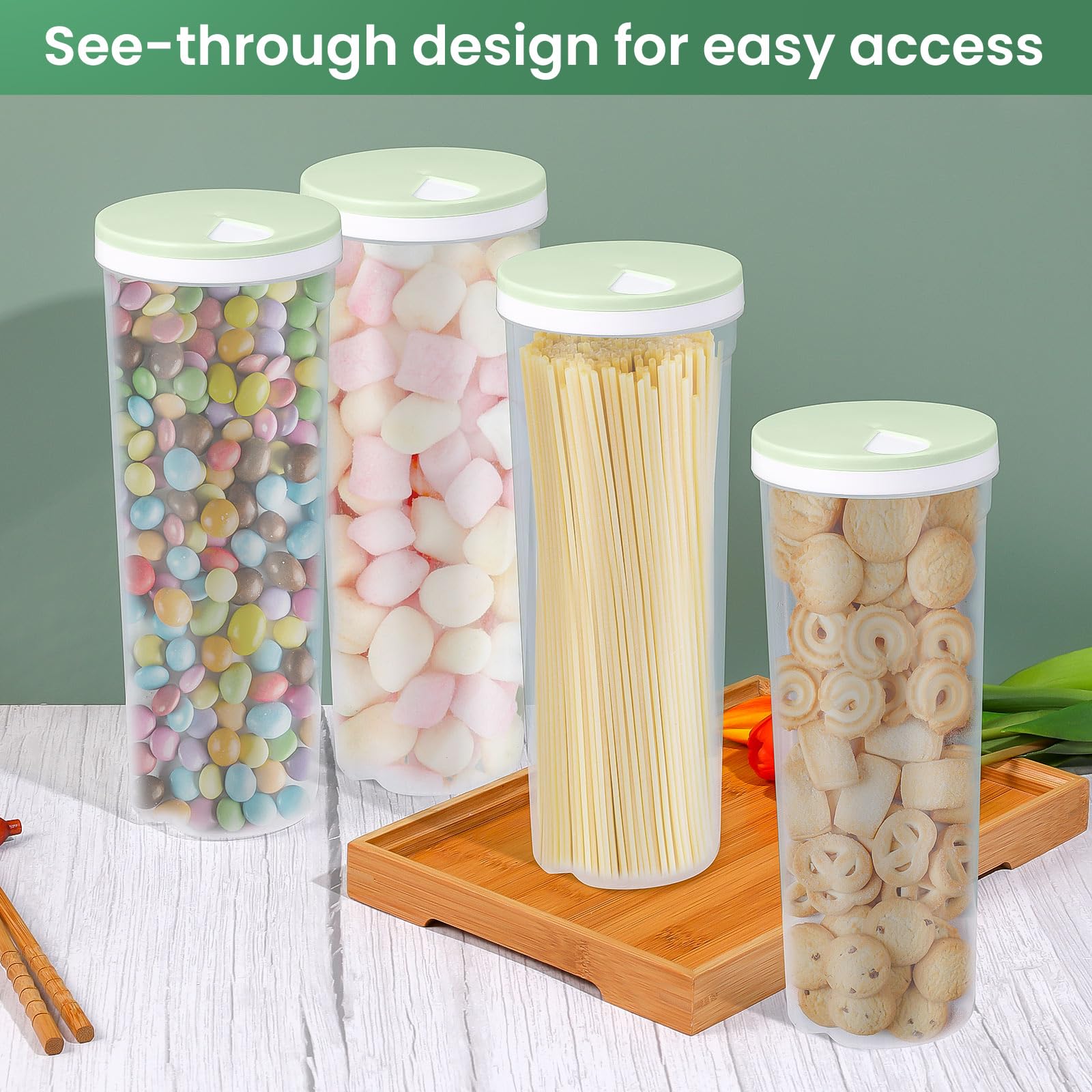 EORTA Plastic Spaghetti Container Noodle Pasta Storage Jar with Locking Lid Clear Dry Food Keeper Canister Cereal Crisper Box, Green