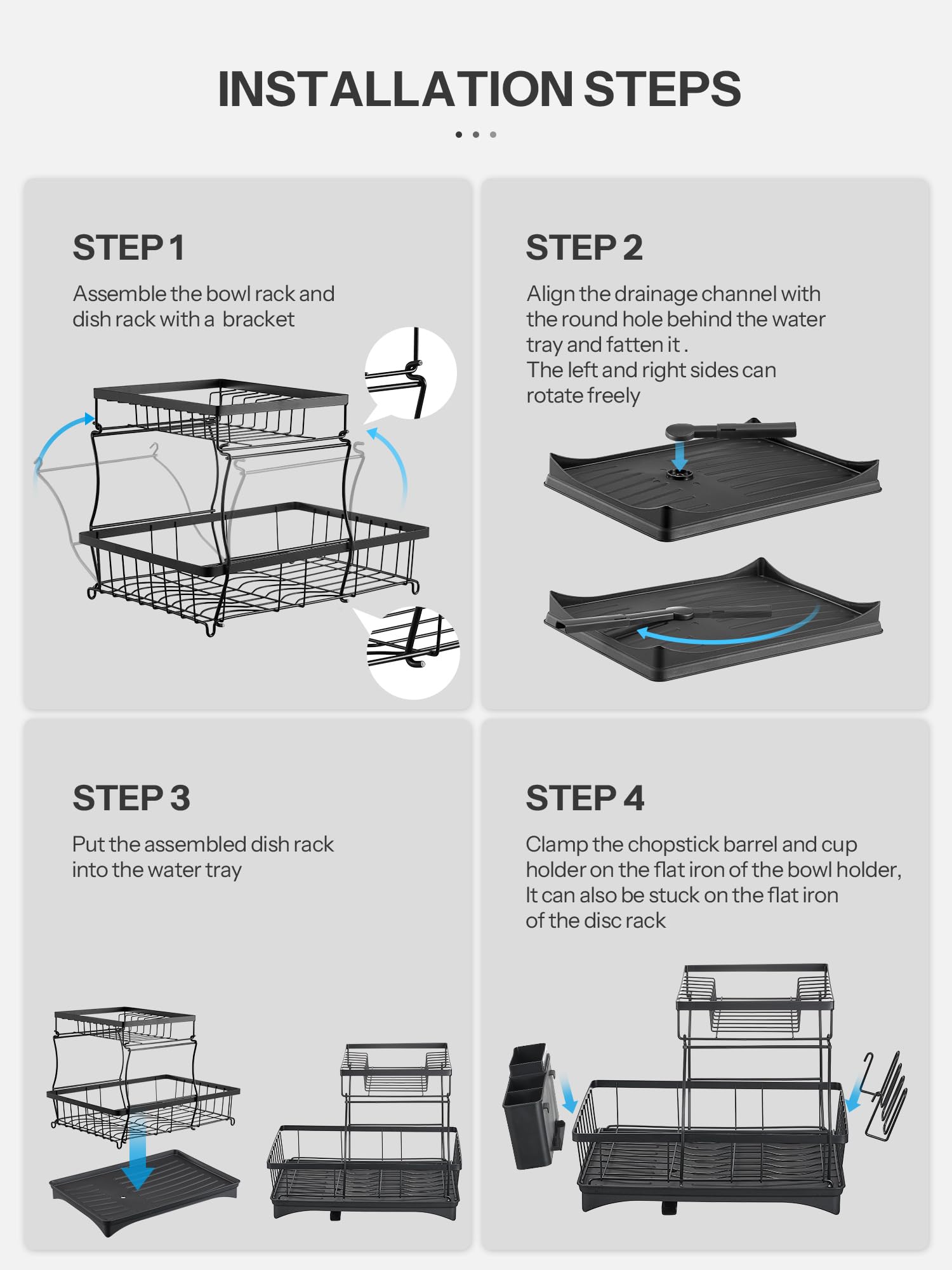 Reemix Dish Drying Rack, 2 Tier Dish Drainer with Removable Utensil Holder and Swivel, Durable High Carbon Steel Material, Larger Capacity, Easy Installation, Black