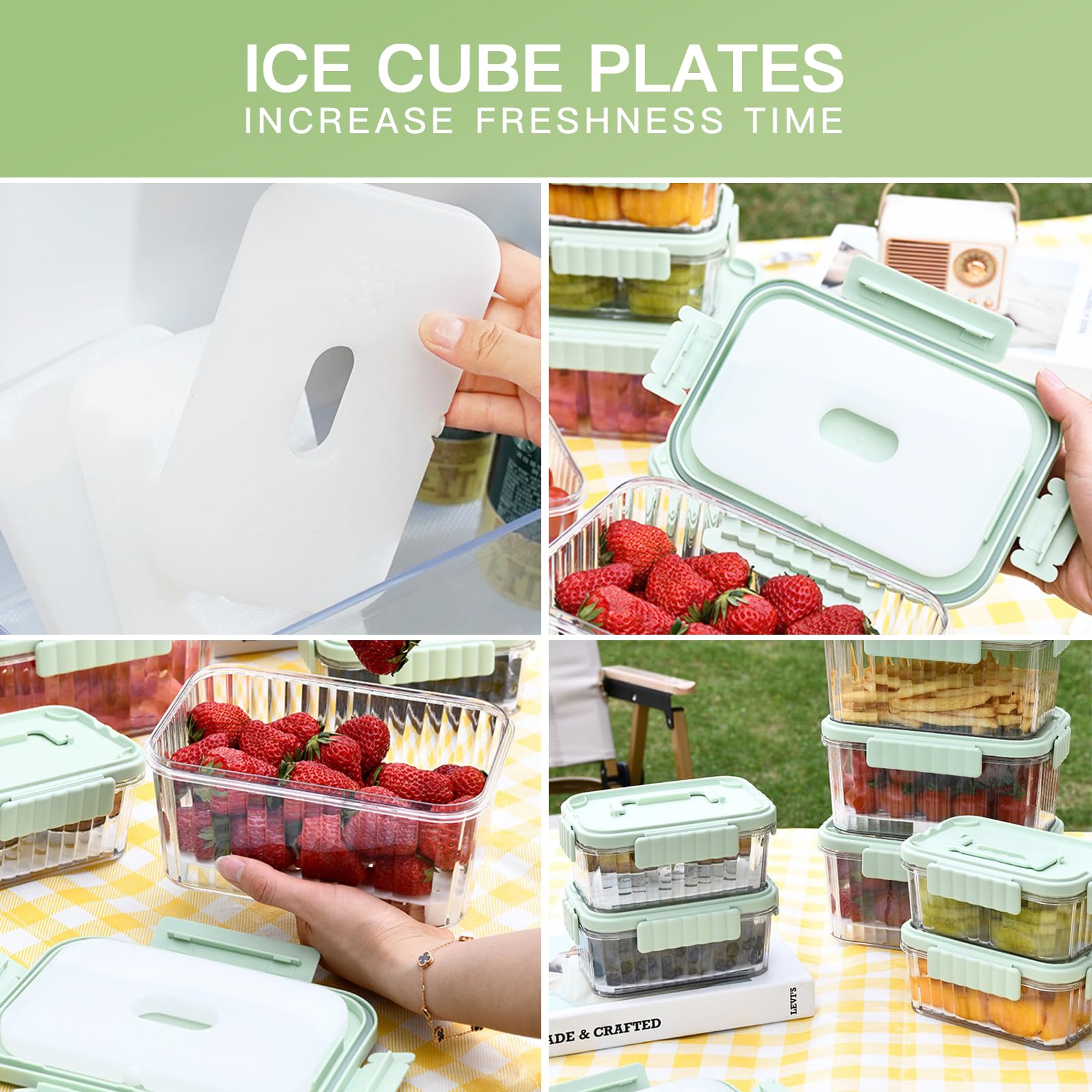 2 Pack Food Storage Containers with Lid, Portable Fruit Saver Berry Snack Keeper Container with Handle & Ice Sheet & Fork, Keep Fruits Food Fresh, for Fridge, Picnic, Office, Party, Camping (Yellow)