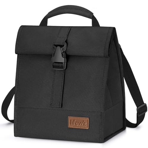 Lifewit Insulated Lunch Bag Rolltop, Reusable Lunch Box for Men Women Adults with Adjustable Shoulder Strap, Foldable Lunchbox Leakproof Cooler Bag for Office Work Picnic, 8L Black