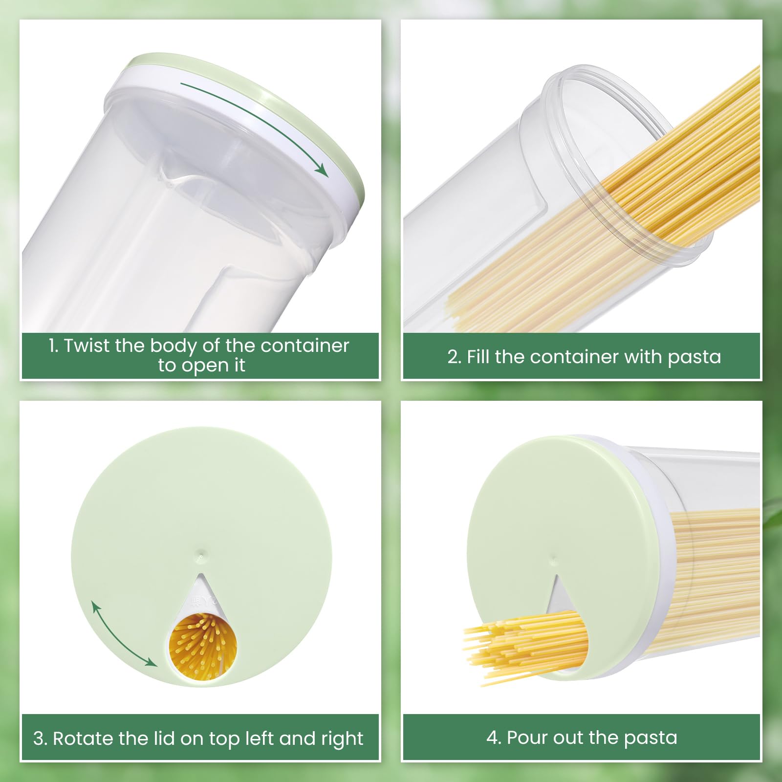 EORTA Plastic Spaghetti Container Noodle Pasta Storage Jar with Locking Lid Clear Dry Food Keeper Canister Cereal Crisper Box, Green