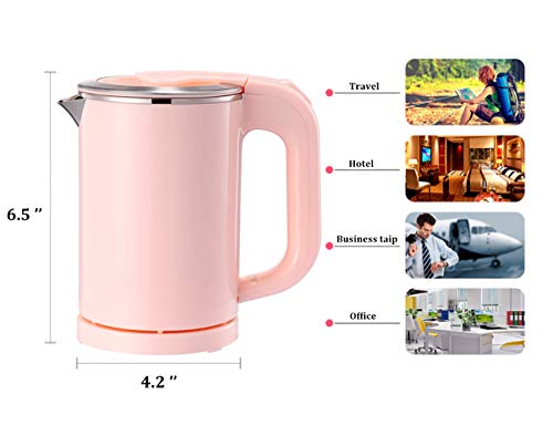 Eglaf 0.5L Small Electric Kettle - Portable Mini Stainless Steel Travel Kettle - Water Touch Inner Surface without Plastic & Cool Touch Outer Surface (Pink)