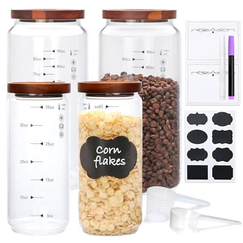 Datttcc 100 oz Glass Storage Canisters with Wood Lids,Clear Food Storage Container Jars with Airtight for Noodles,Flour, Cereal,Sugar,Rrice,Tea,Coffee Beans,4 Pack