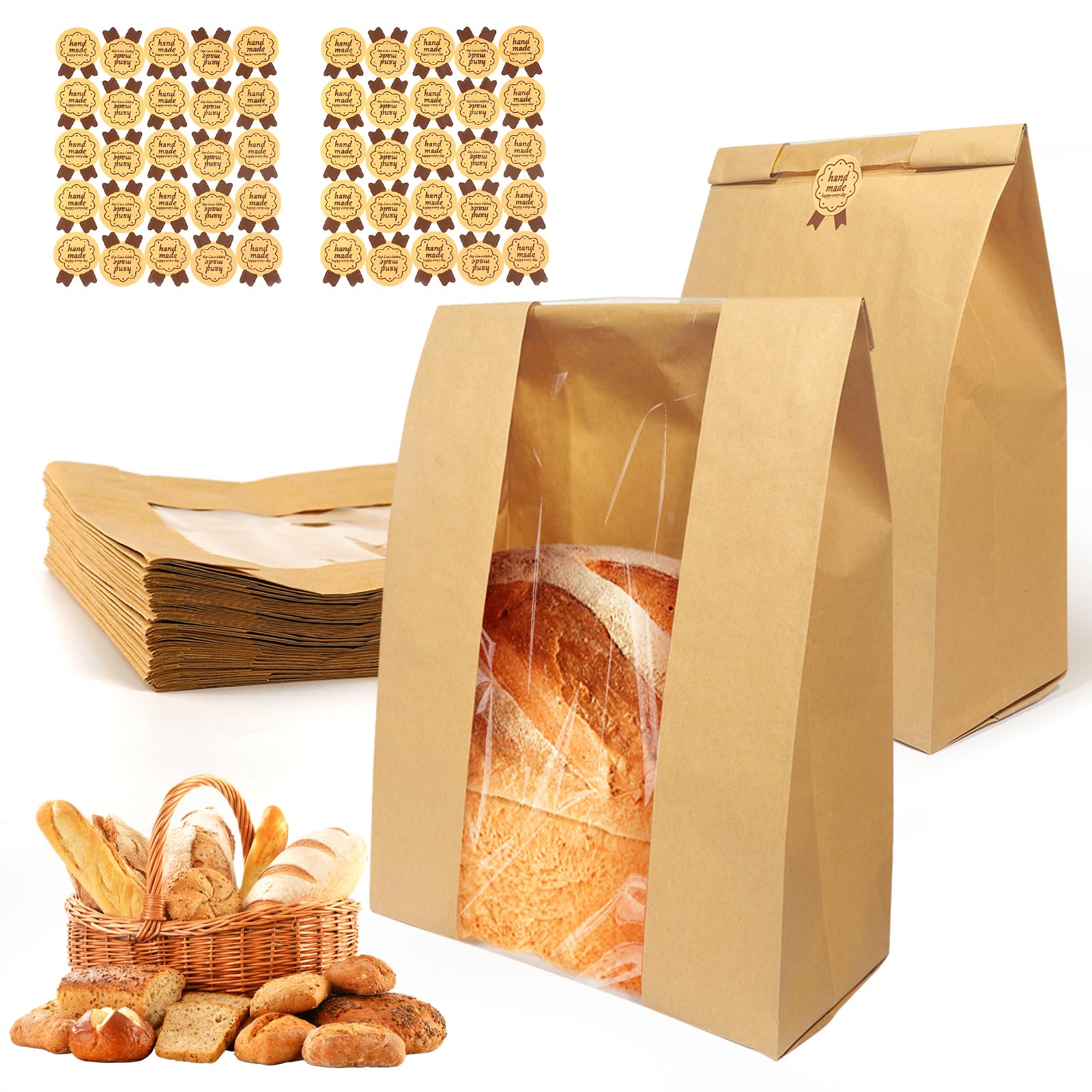 WNSIRVY 30 Pack Large Bread Bags for Homemade Sourdough Bread - Kraft Paper Storage Bakery Bags with Clear Window Bonus 50 Seal Stickers for Sourdough Sandwich (13.7x8.2x3.5 Inches, Brown)