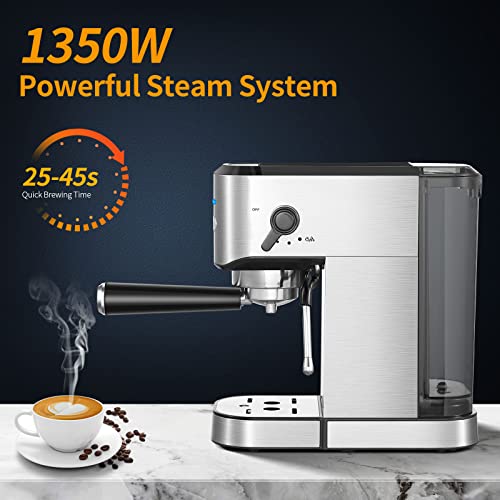 ILAVIE Espresso Coffee Machines with Steamer, 20 Bar Pump Espresso and Cappuccino latte Maker, Espresso Machine Easy to Use for Home Barista, 1350W, Stainless Steel