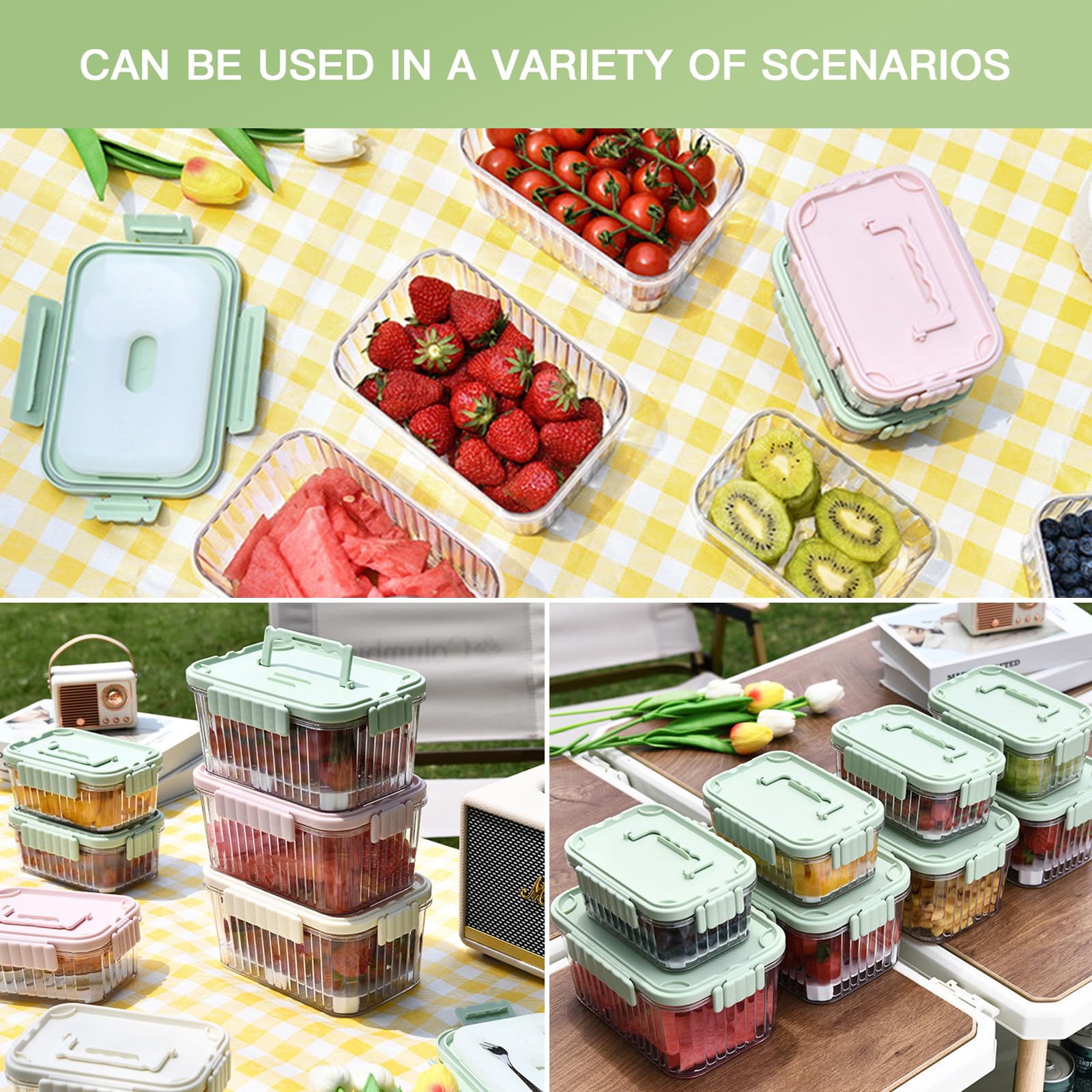 2 Pack Food Storage Containers with Lid, Portable Fruit Saver Berry Snack Keeper Container with Handle & Ice Sheet & Fork, Keep Fruits Food Fresh, for Fridge, Picnic, Office, Party, Camping (Yellow)