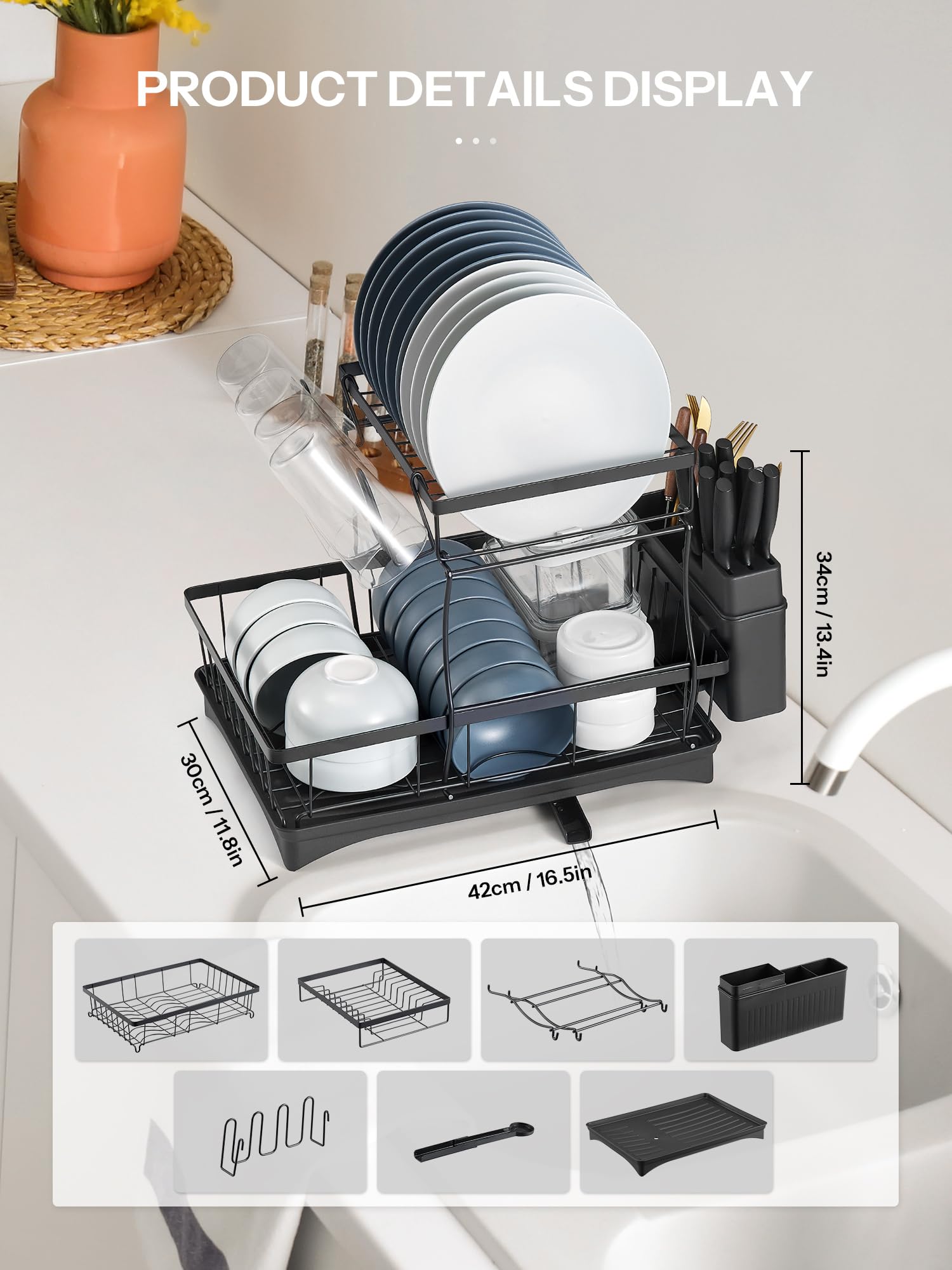 Reemix Dish Drying Rack, 2 Tier Dish Drainer with Removable Utensil Holder and Swivel, Durable High Carbon Steel Material, Larger Capacity, Easy Installation, Black