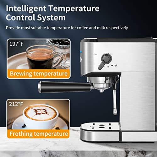 ILAVIE Espresso Coffee Machines with Steamer, 20 Bar Pump Espresso and Cappuccino latte Maker, Espresso Machine Easy to Use for Home Barista, 1350W, Stainless Steel