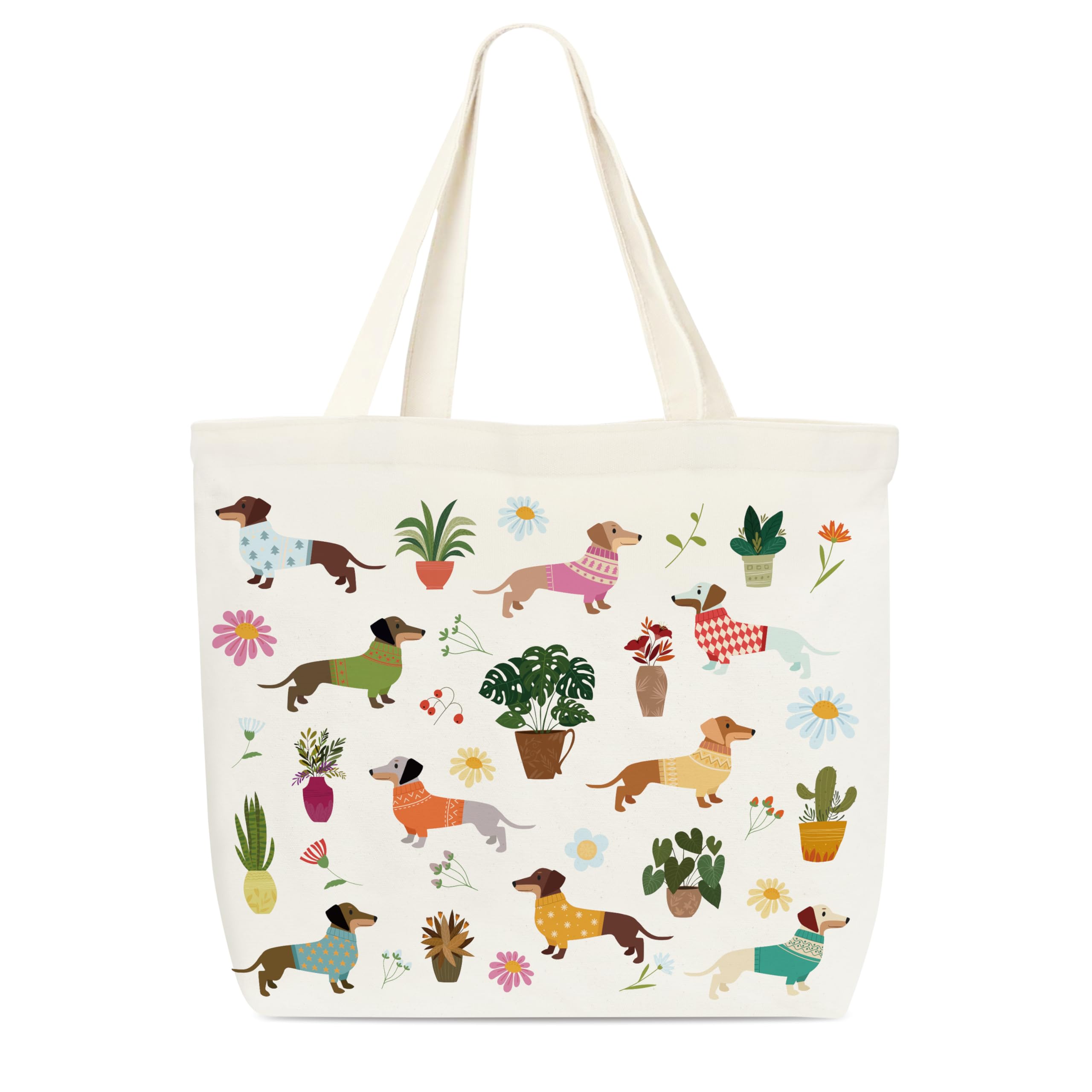 Canvas Tote Bag, Book Tote Bag, Dachshund Tote Bag, Potted Plant Lover Gift, Funny Tote Bag, Library Tote, Reusable Grocery Shopping Bag, Library Shoulder Bag For Women Pet Lover Friend Bookworm B(01)