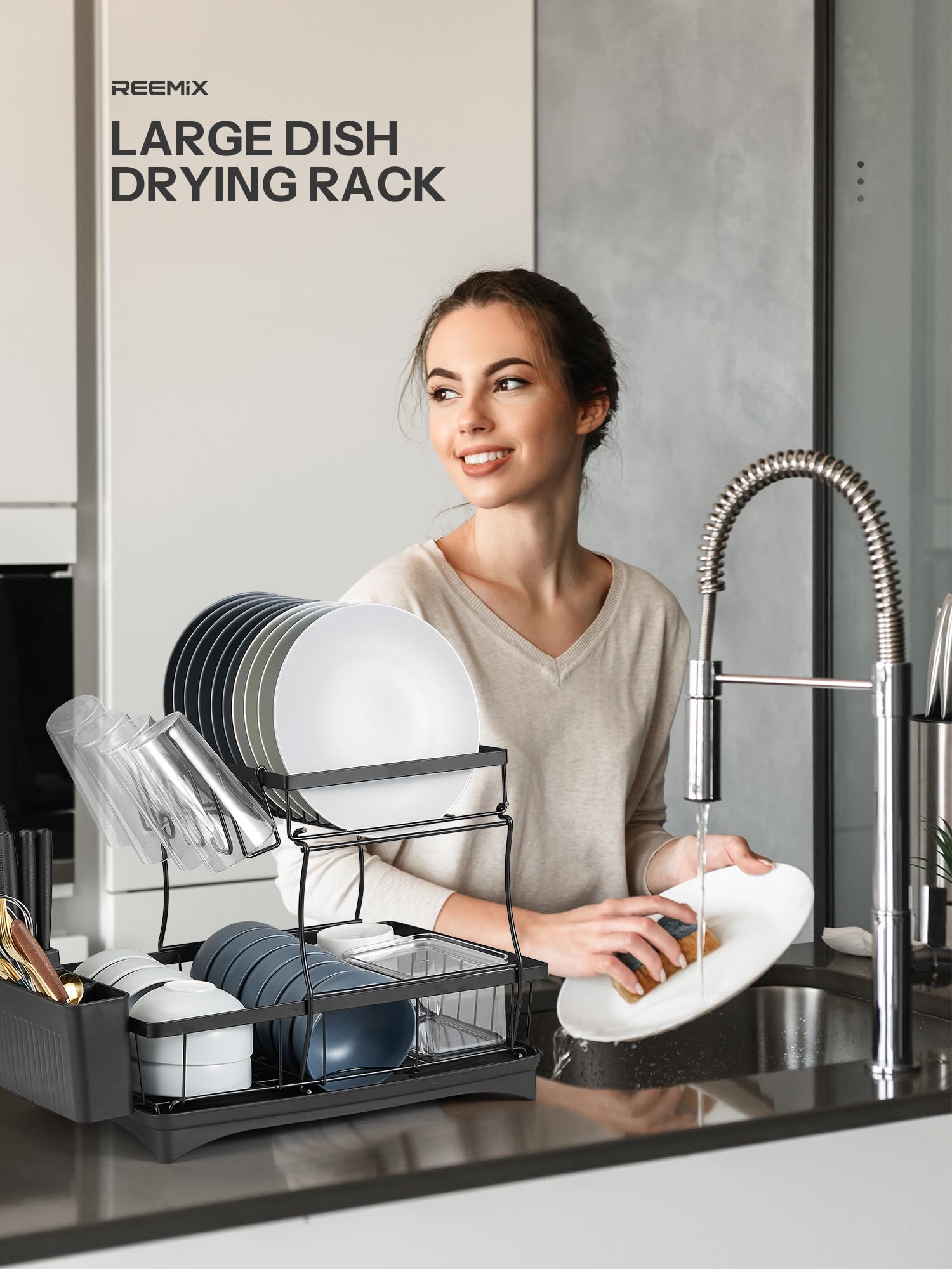 Reemix Dish Drying Rack, 2 Tier Dish Drainer with Removable Utensil Holder and Swivel, Durable High Carbon Steel Material, Larger Capacity, Easy Installation, Black