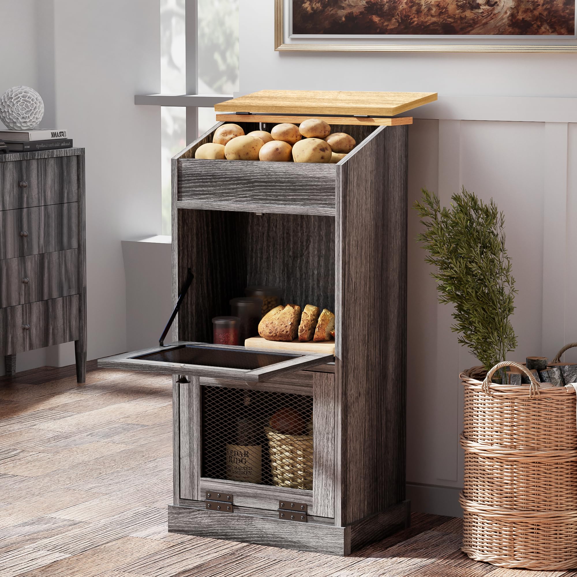 ONG Potato Storage Bins Sets of 2, Wooden Potato Bin Double Bread Storage, Decorative Potato and Onion Storage Bin Set 2, Wood Box with Grocery Section, Wooden Vegetable Storage with Lid,Grey