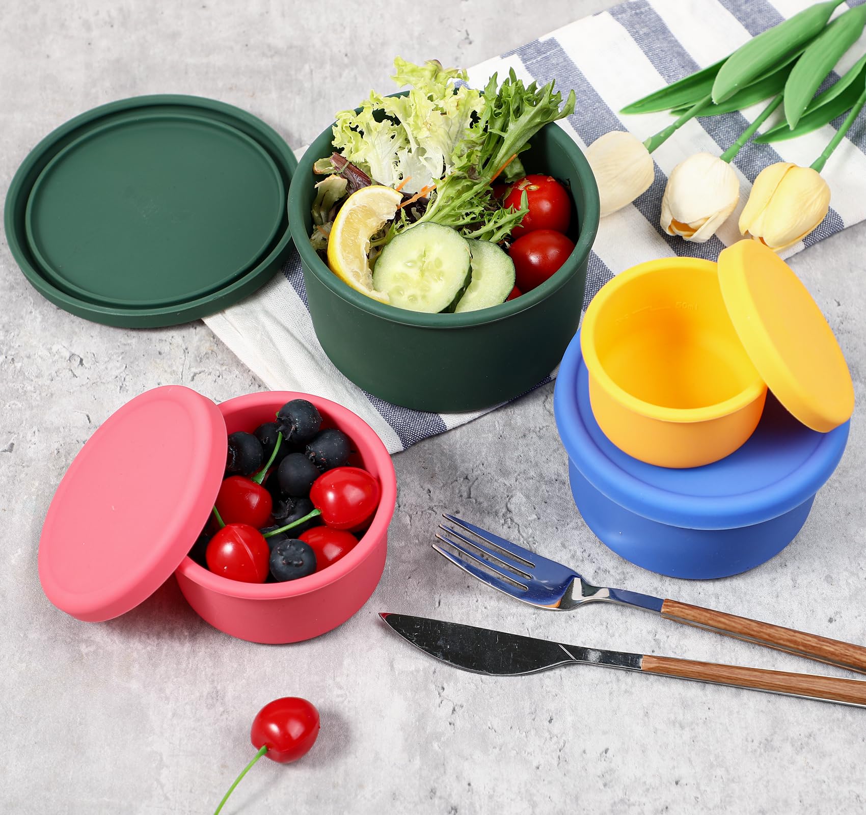 Webake Silicone Food Storage Containers with Lids, Large Nesting Portion Control Containers for Lunch Snack, Set of 4 (3oz,6oz,12oz,20oz)